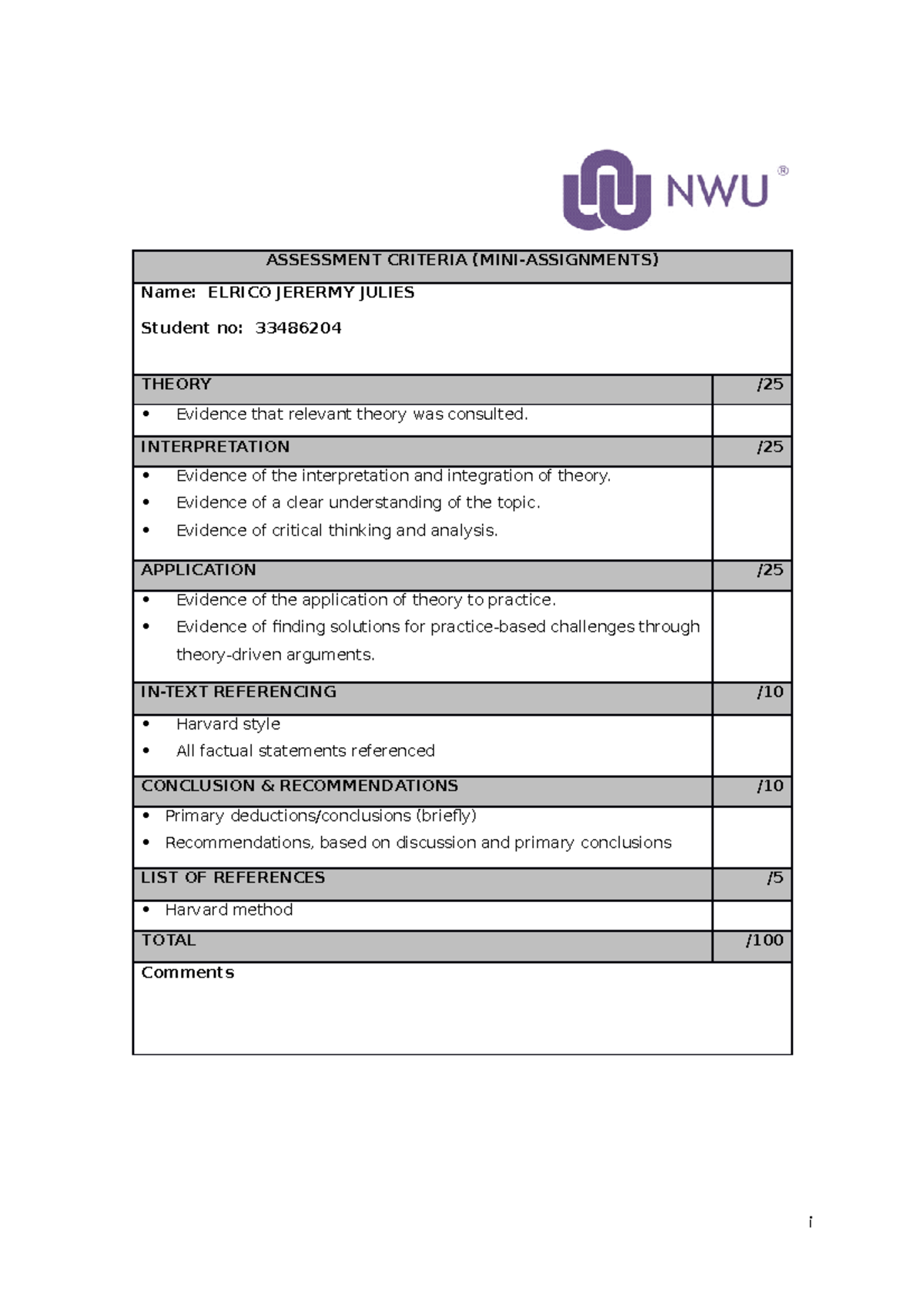 Alle 221, assignment 1, E.J. Julies, 33486204 - i ASSESSMENT CRITERIA ...