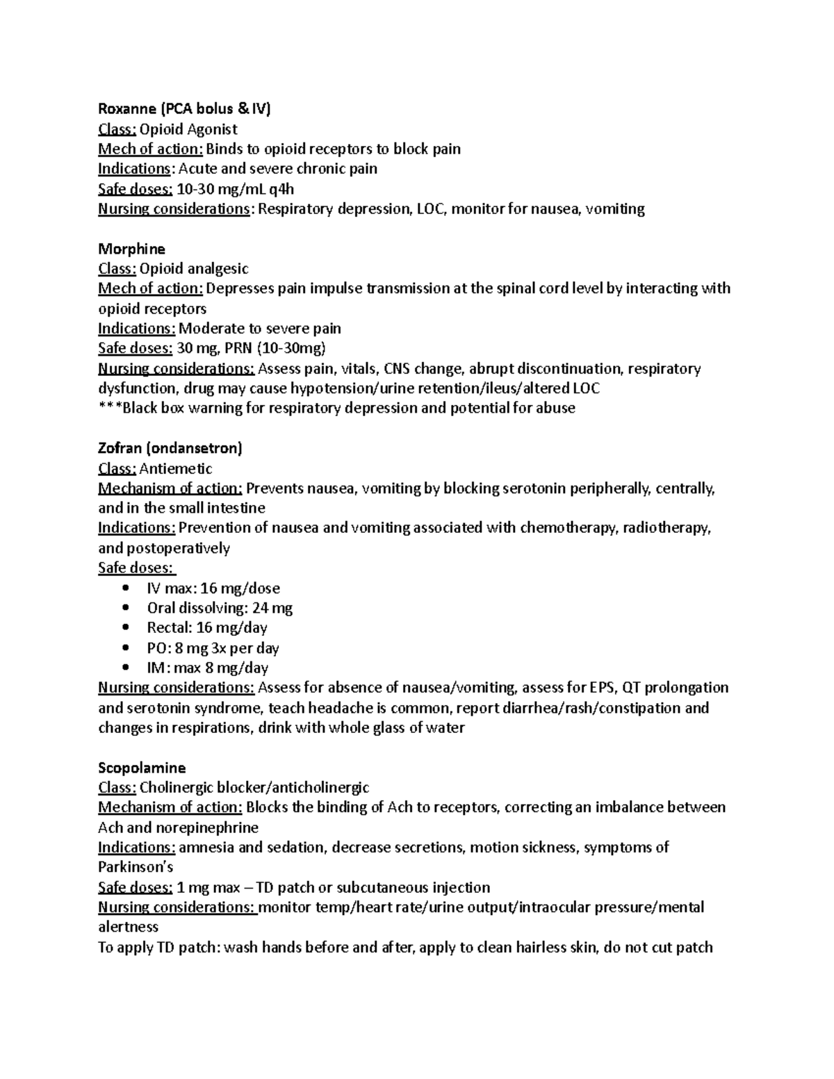 Drug Cards for Simulation - Roxanne (PCA bolus & IV) Class: Opioid ...