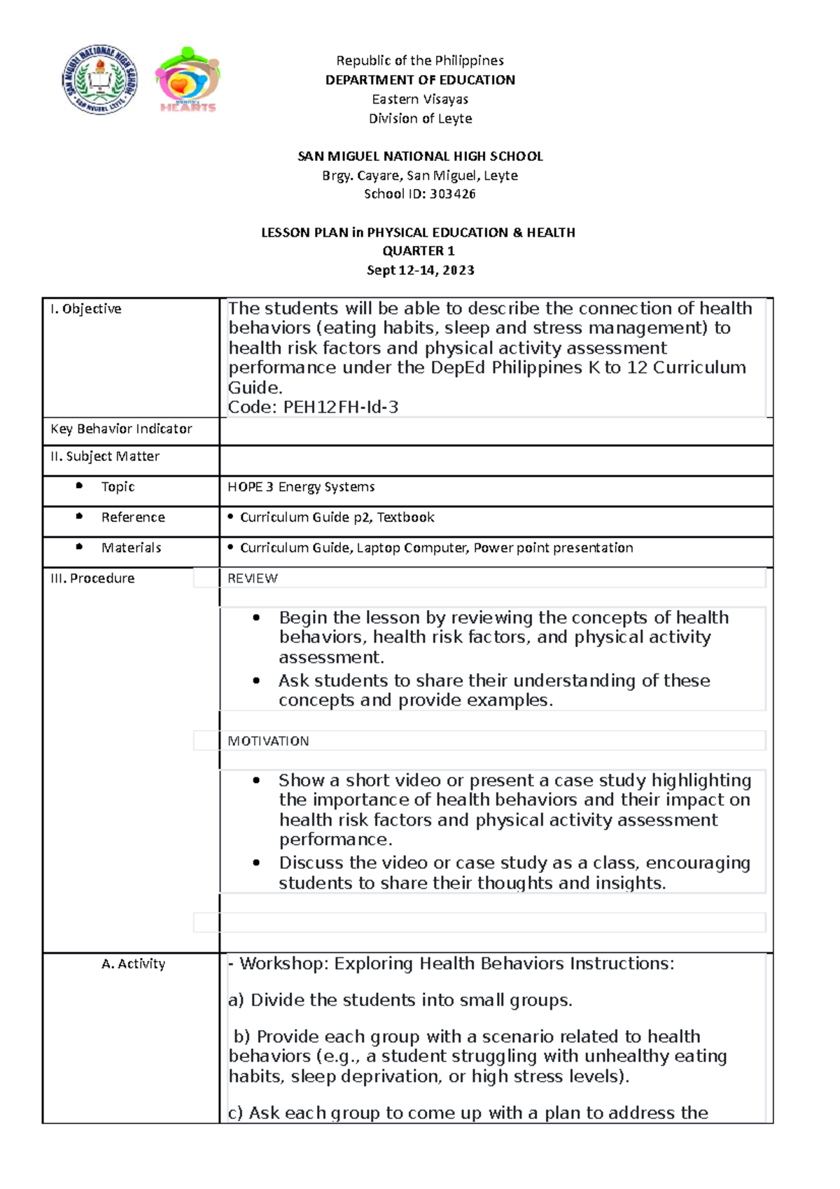 PE12 Lesson 3 - pe health - Republic of the Philippines DEPARTMENT OF ...