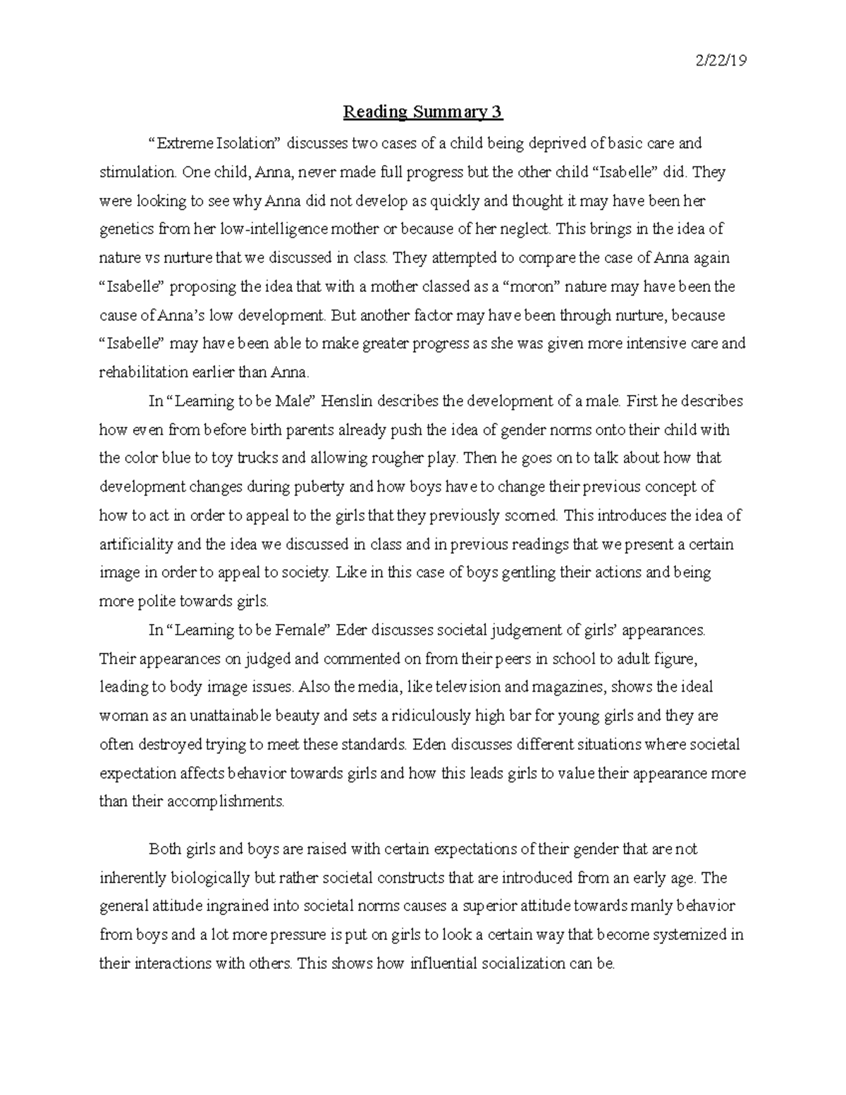 Reading Summary 3 - 2/22/ Reading Summary 3 “Extreme Isolation ...