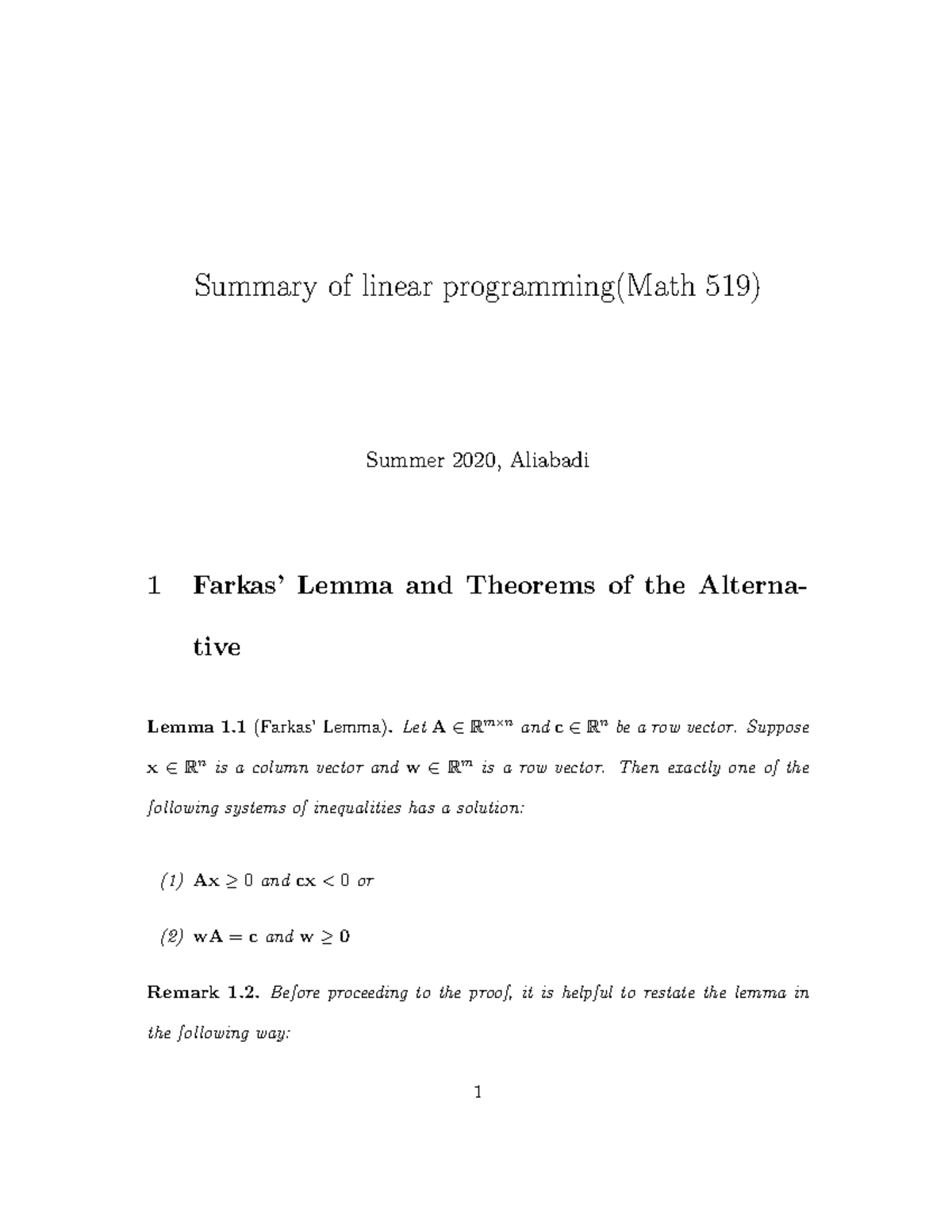 Linear Programming - Summary of linear programming(Math 519) Summer ...