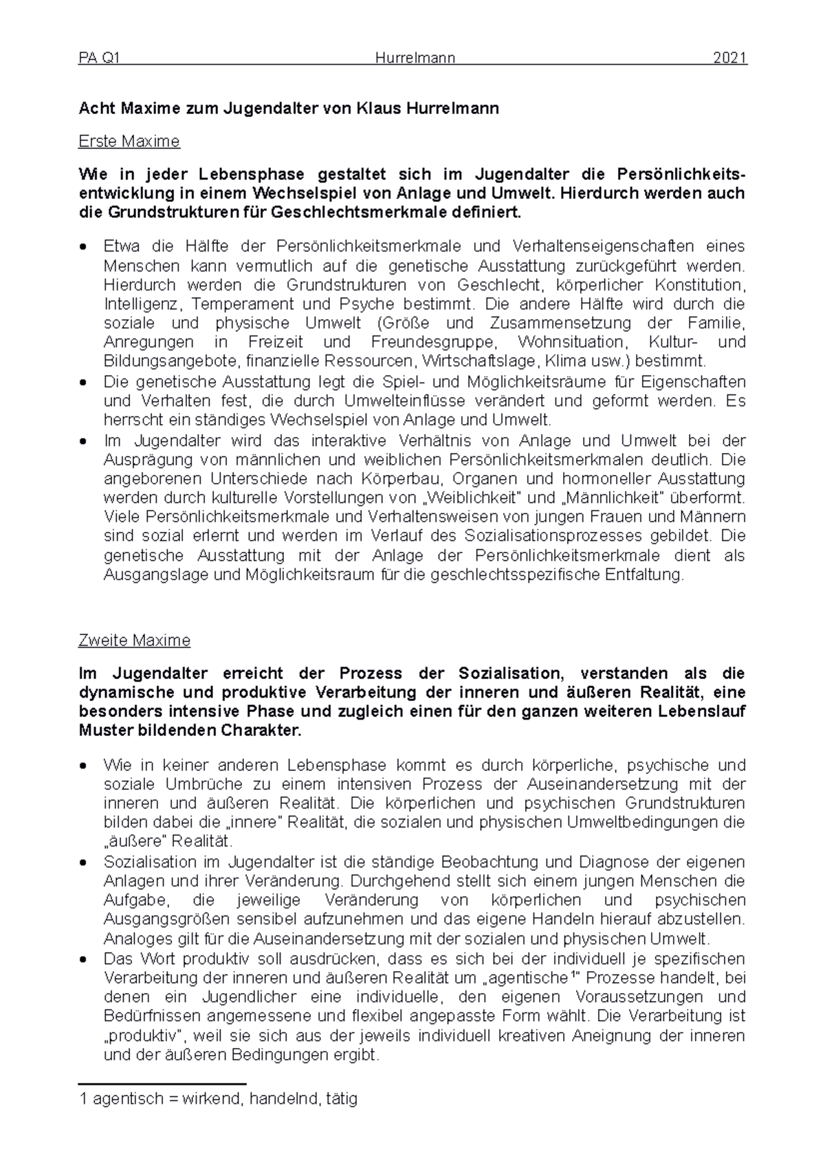 Acht Maxime zum Jugendalter von Klaus Hurrelmann - PA Q1 Hurrelmann ...