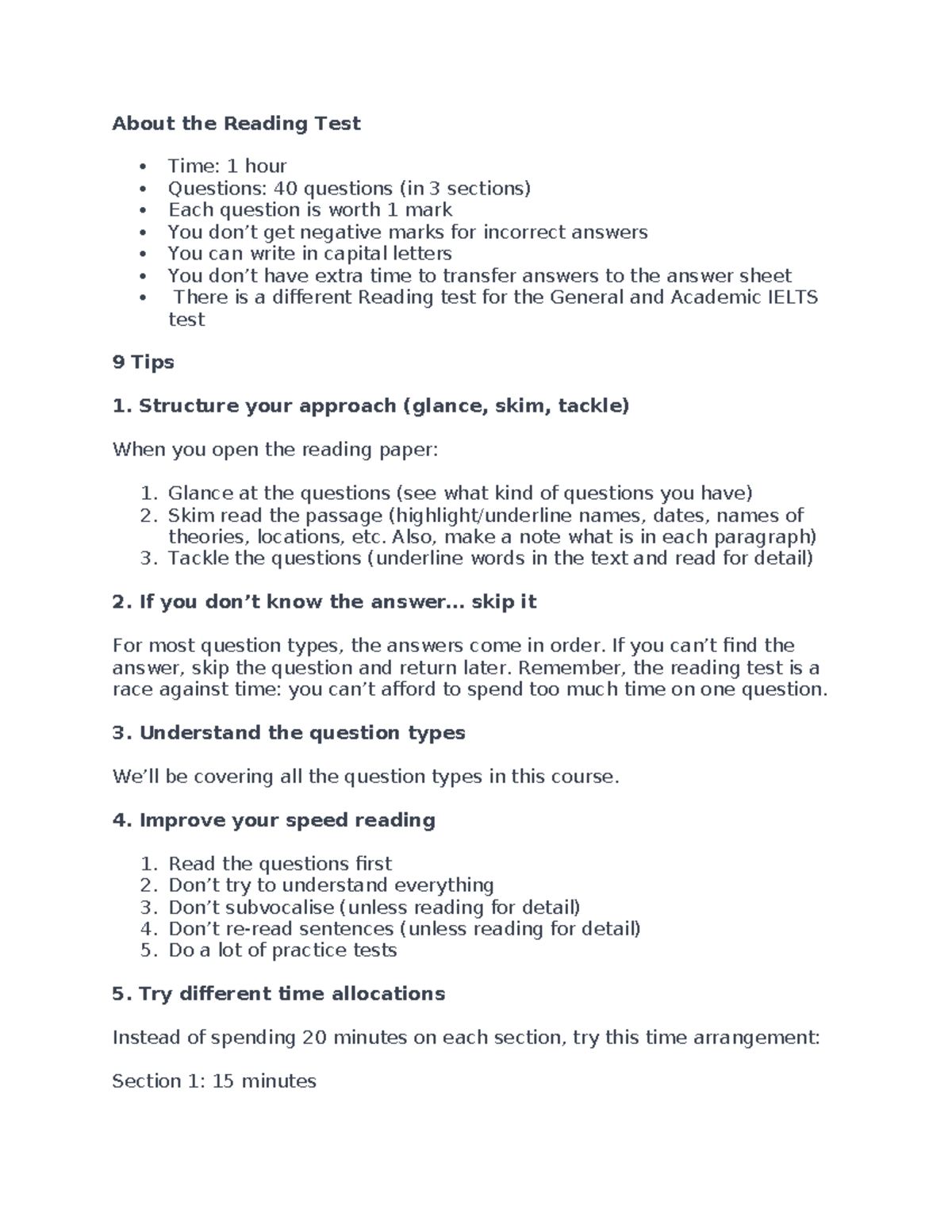 About the Reading Test - Structure your approach (glance, skim, tackle ...