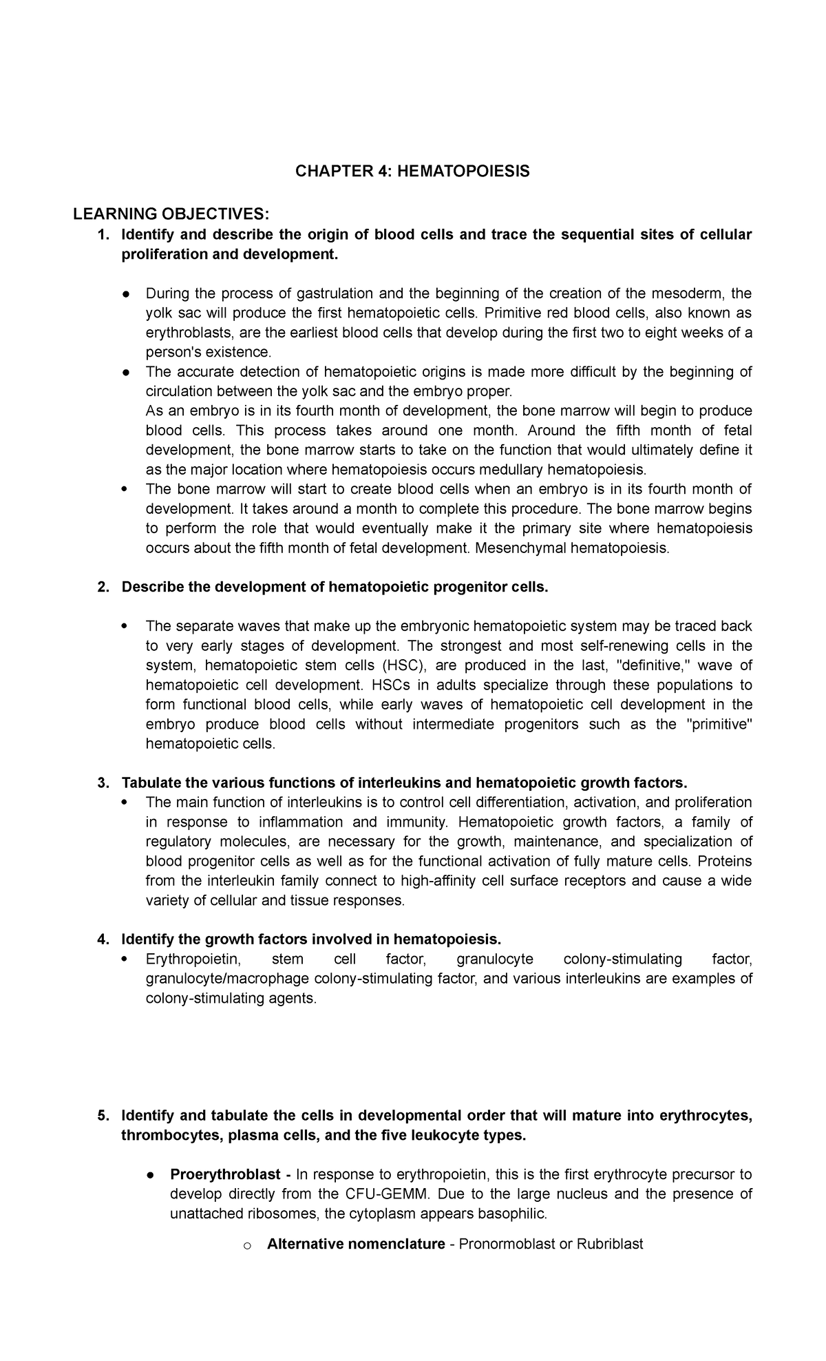 Learning Objectives - none - CHAPTER 4: HEMATOPOIESIS LEARNING OBJECTIVES: Identify and describe ...