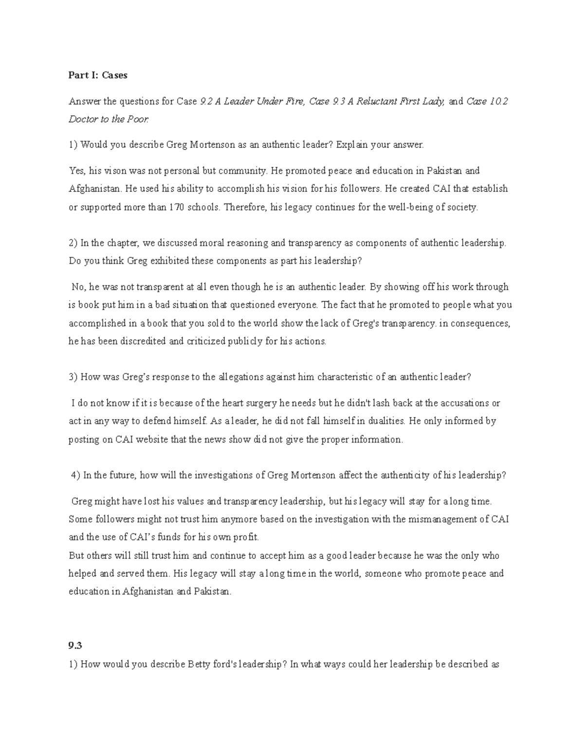 Homework Module 5 Authentic Leadership and Video Review - Part I: Cases ...