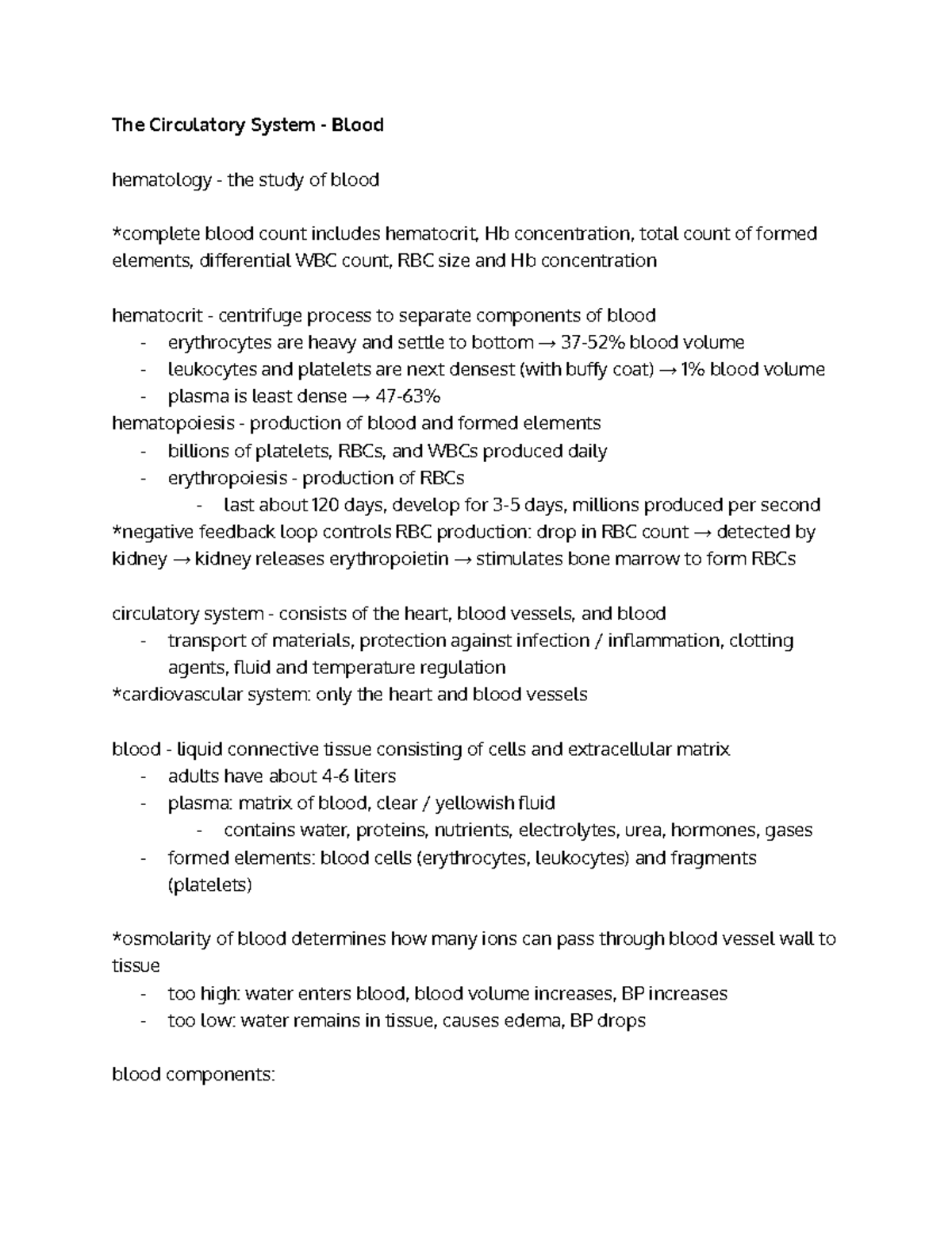 ERAU BIO 306 Circulatory System Blood [Chapter 18] Notes - The ...