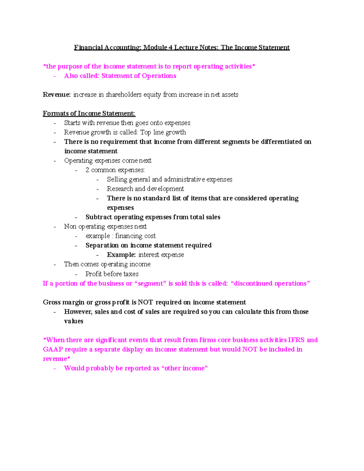 Financial Accounting Module 4 Lecture Notes The Income Statement ...
