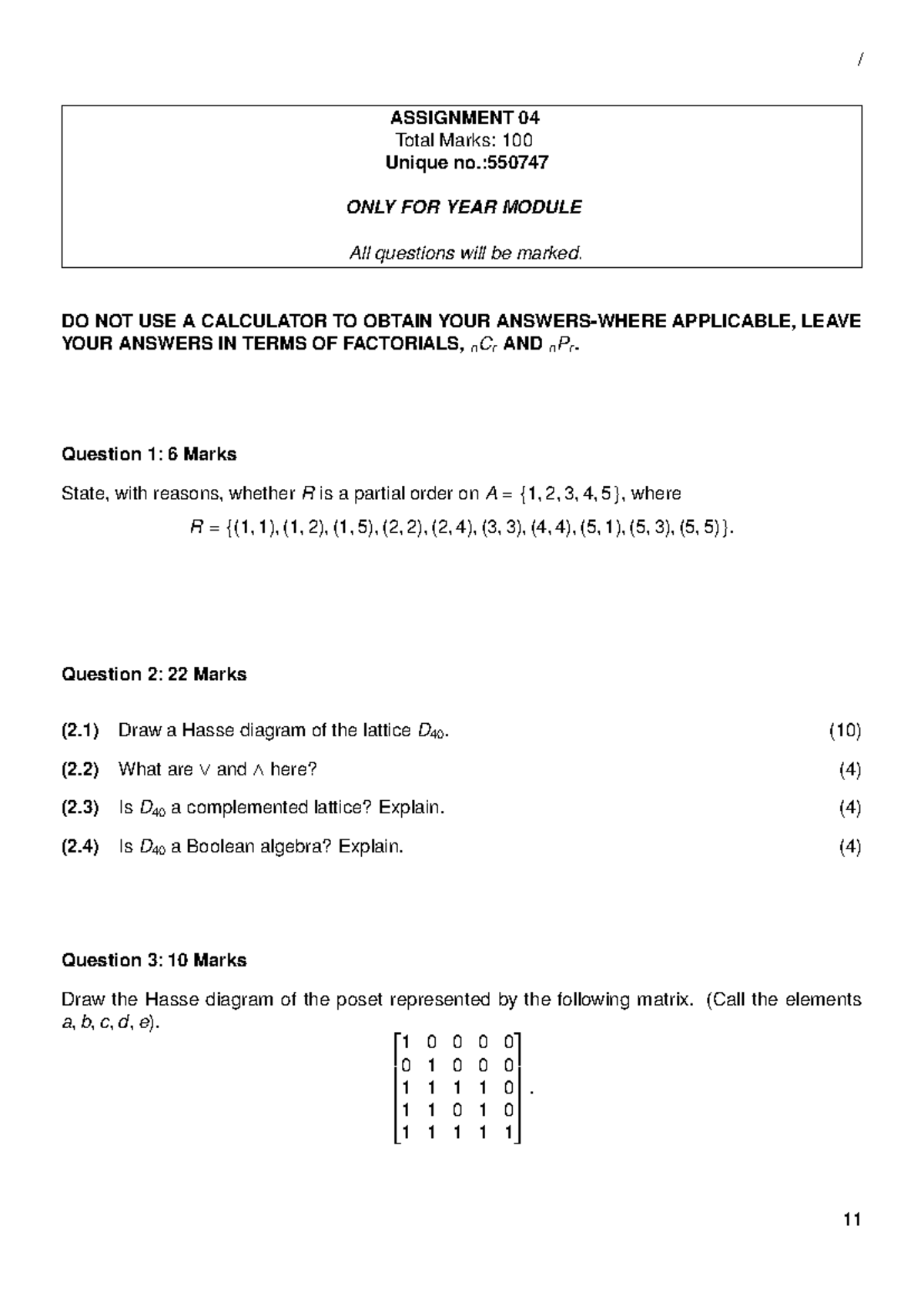 MAT2612 Assignment 4 2024 - / ASSIGNMENT 04 Total Marks: 100 Unique no ...