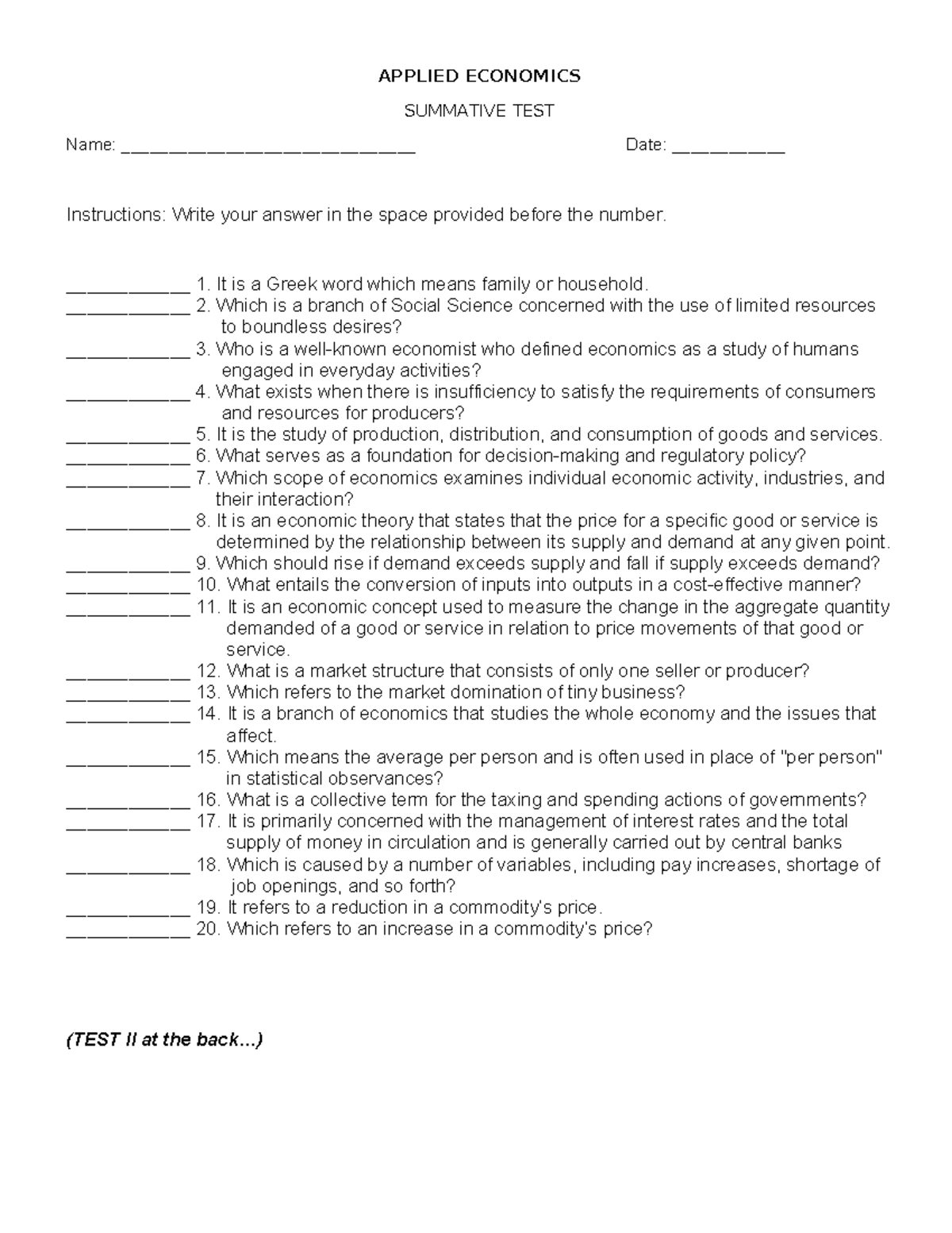 App Econ-1st summative test - For reference only - APPLIED ECONOMICS ...