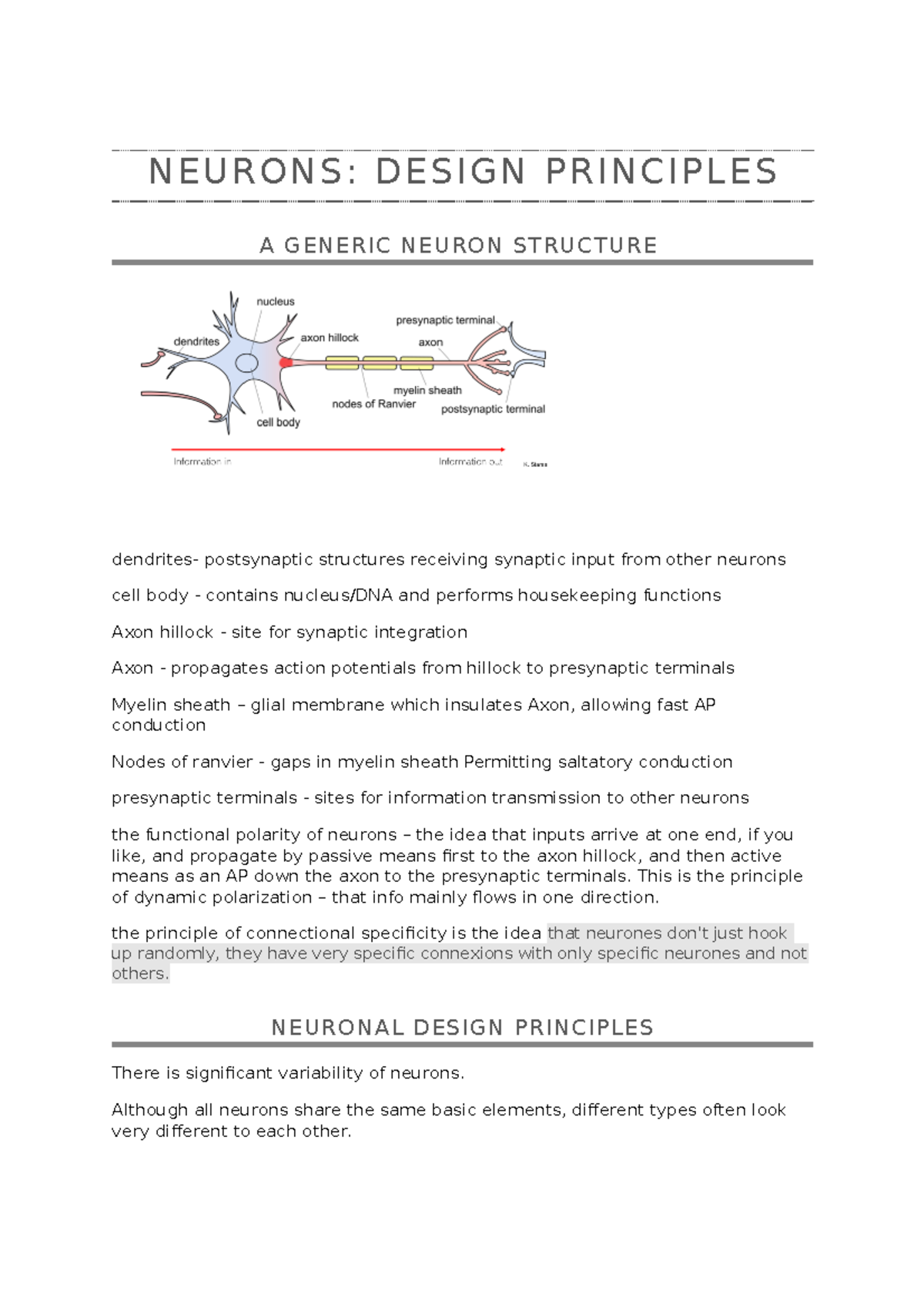 2 - Lecture notes 2 - NEURONS: DESIGN PRINCIPLES A GENERIC NEURON ...