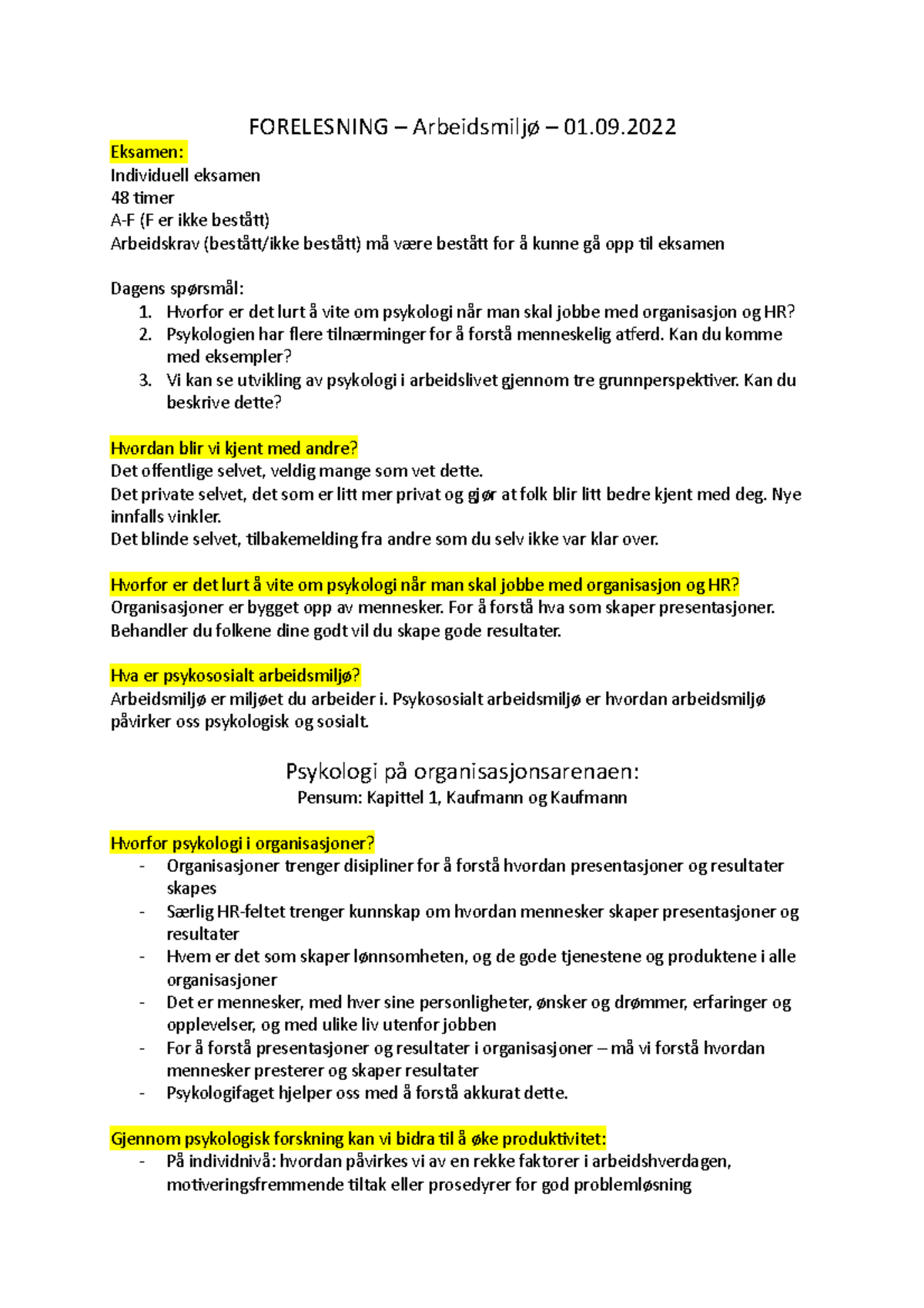 Forelesning - 01 - FORELESNING – Arbeidsmiljø – 01. Eksamen: Individuell eksamen 48 timer A-F (F ...