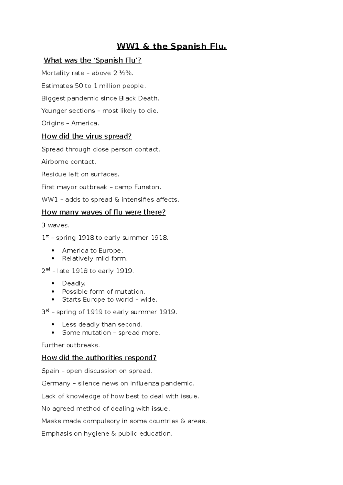 WW1 & the Spanish Flu - Notes - WW1 & the Spanish Flu. What was the ...