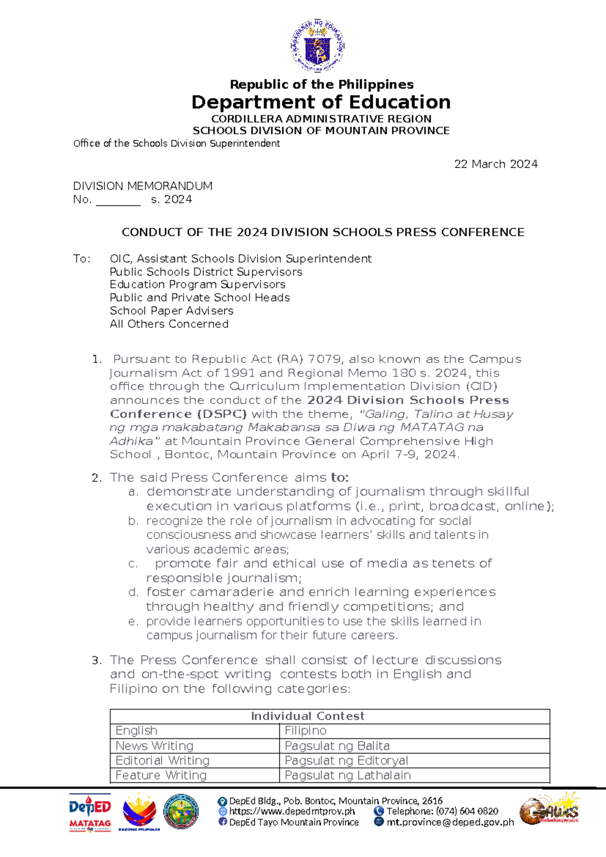 Dspc-2024 - Department of Education CORDILLERA ADMINISTRATIVE REGION ...