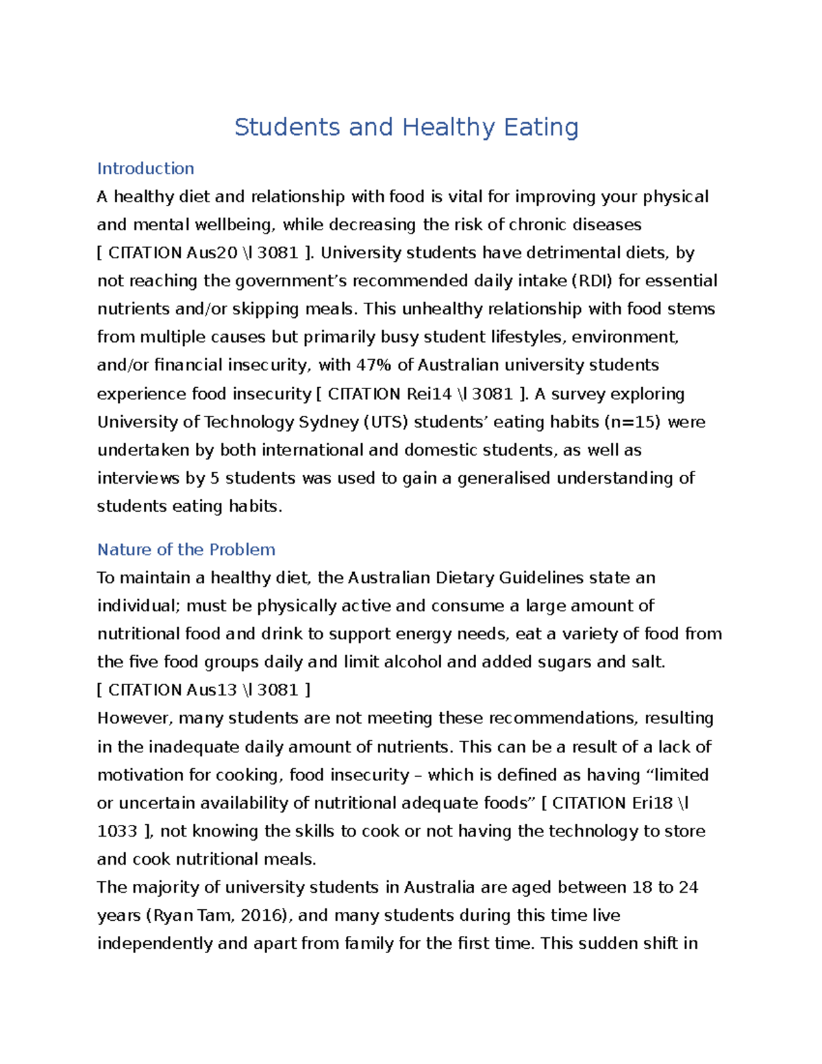 Assignment 1 part 1 - Students and Healthy Eating Introduction A ...