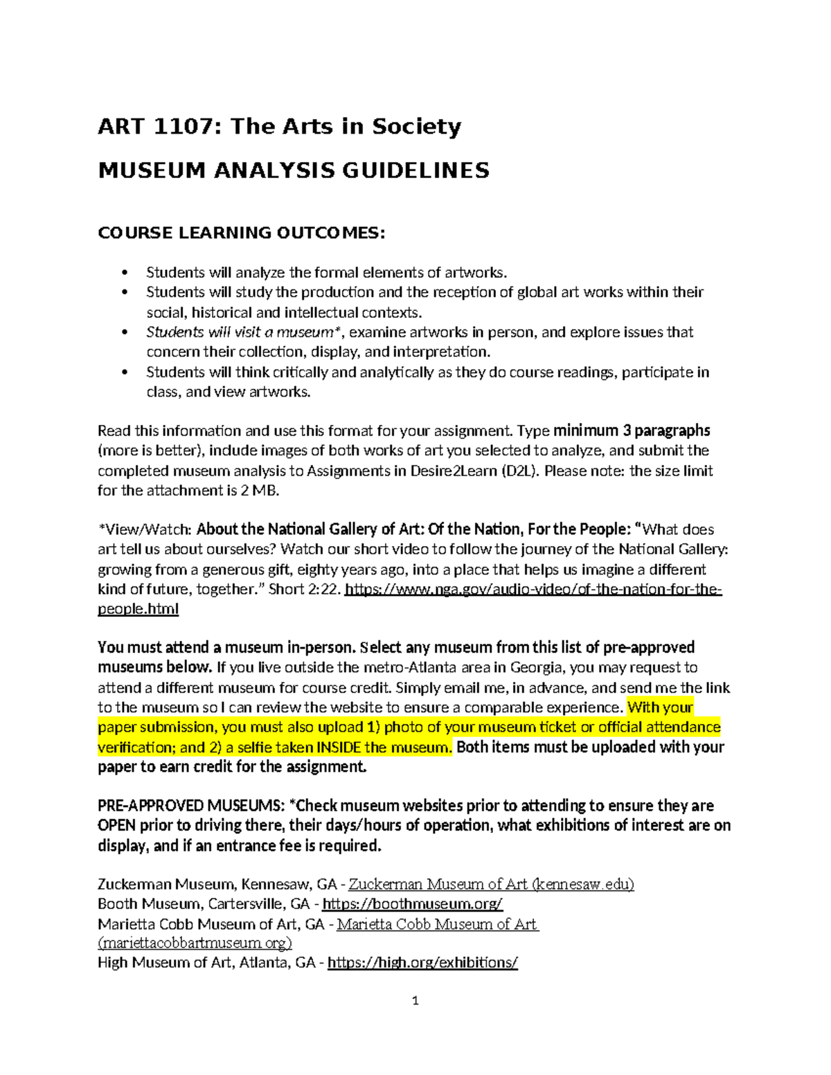 ART 1107 Museum Analysis Guidelines Fall 202331 - ART 1107: The Arts in ...