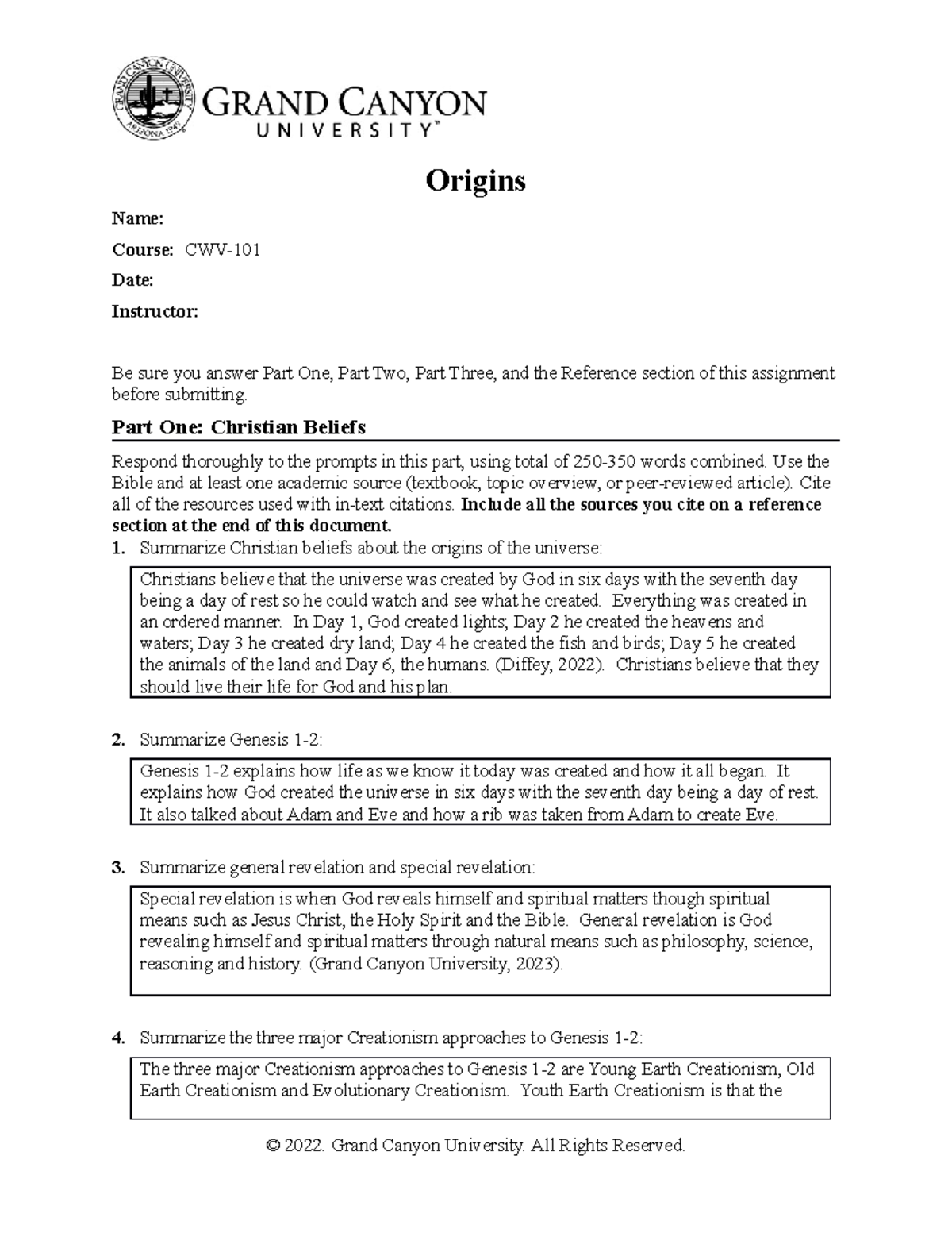 CWV-101 - Origins - Origins Name: Course: CWV- Date: Instructor: Be ...