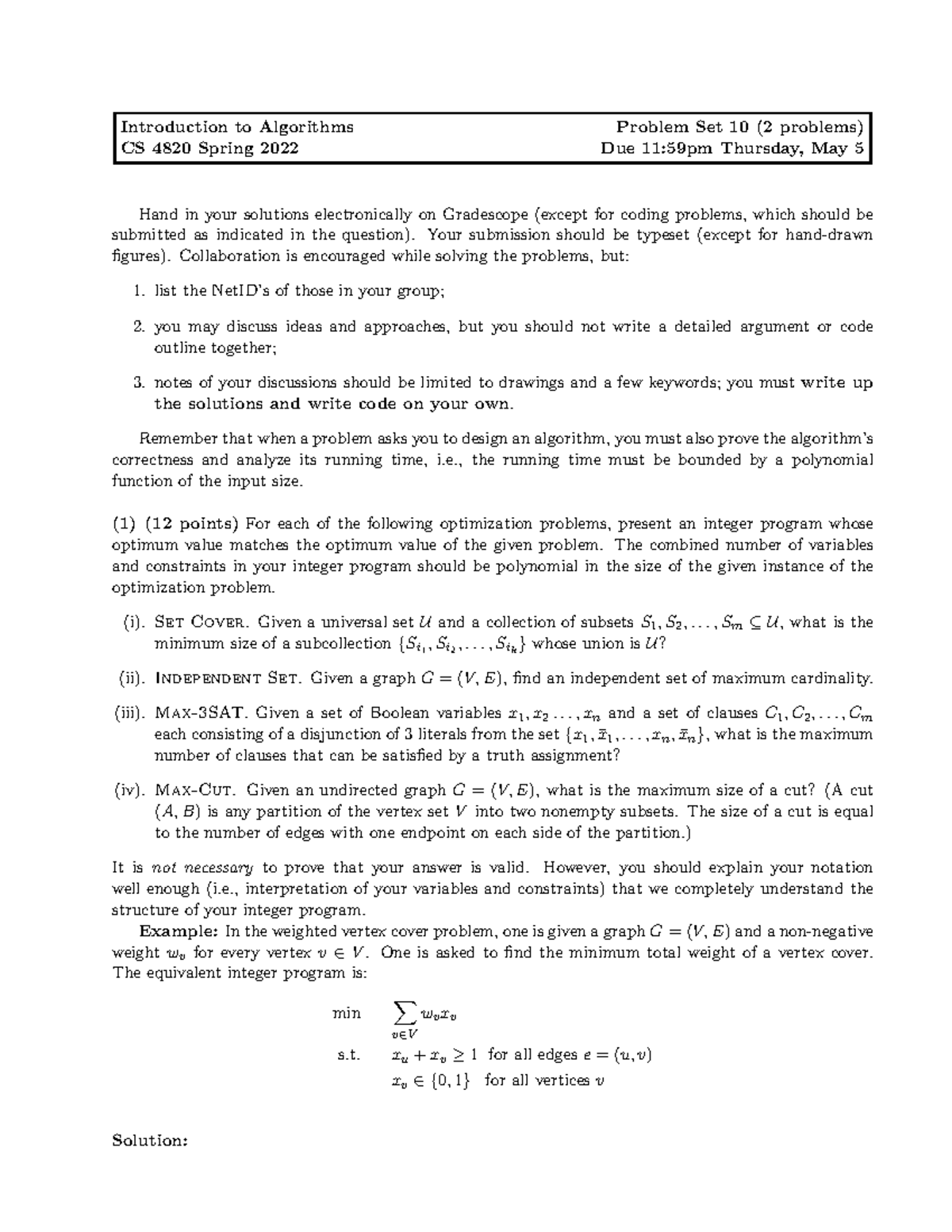 S10 - s10 - Introduction to Algorithms Problem Set 10 (2 problems) CS 4820 Spring 2022 Due 11 ...
