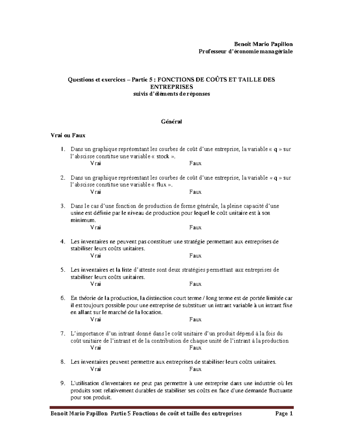 FONCTIONS DE COÛTS ET TAILLE DES ENTREPRISES - Benoit Mario Papillon ...