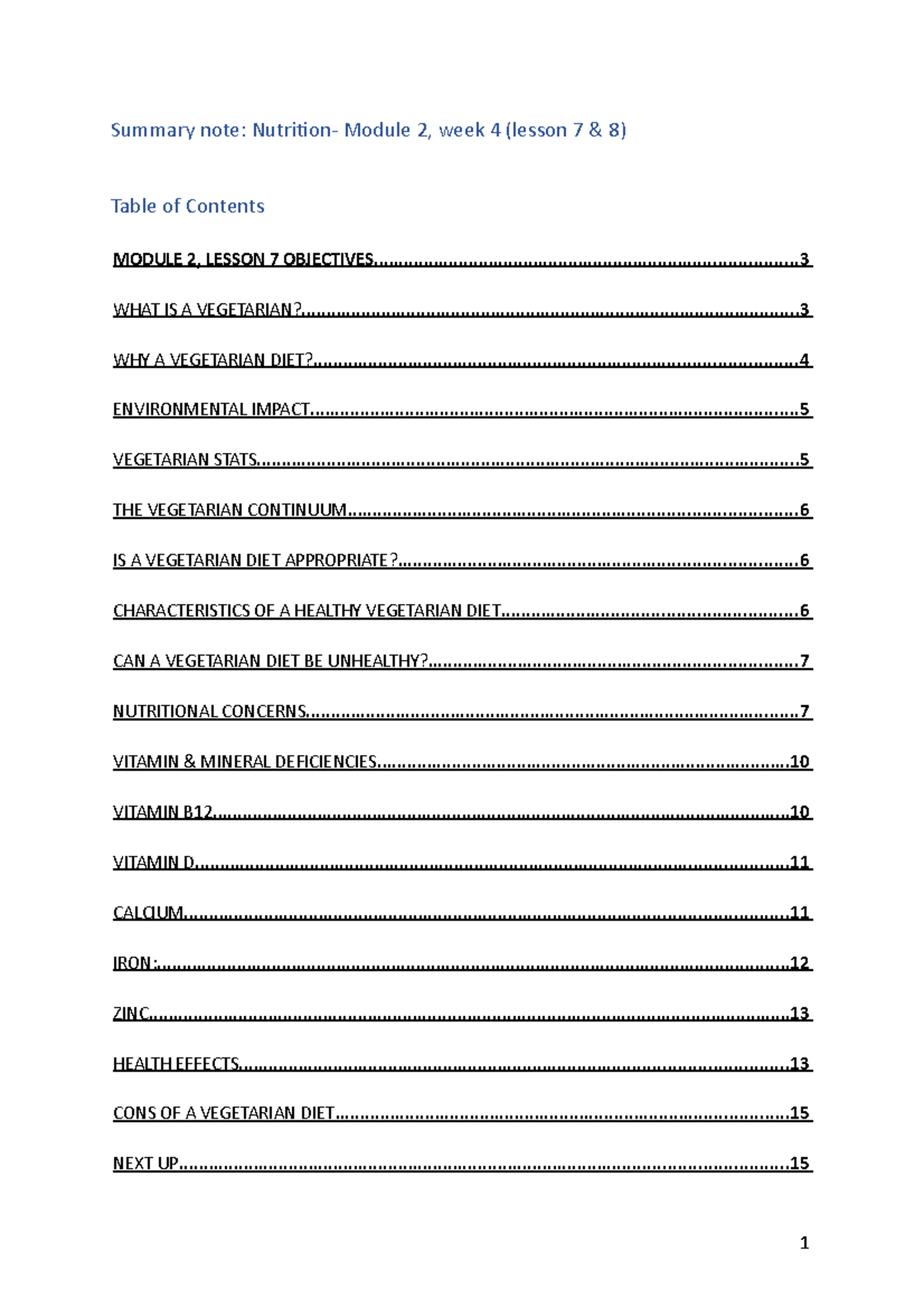 Module 2 lesson 7-8 - Notes - Summary note: Nutrition- Module 2, week 4 ...
