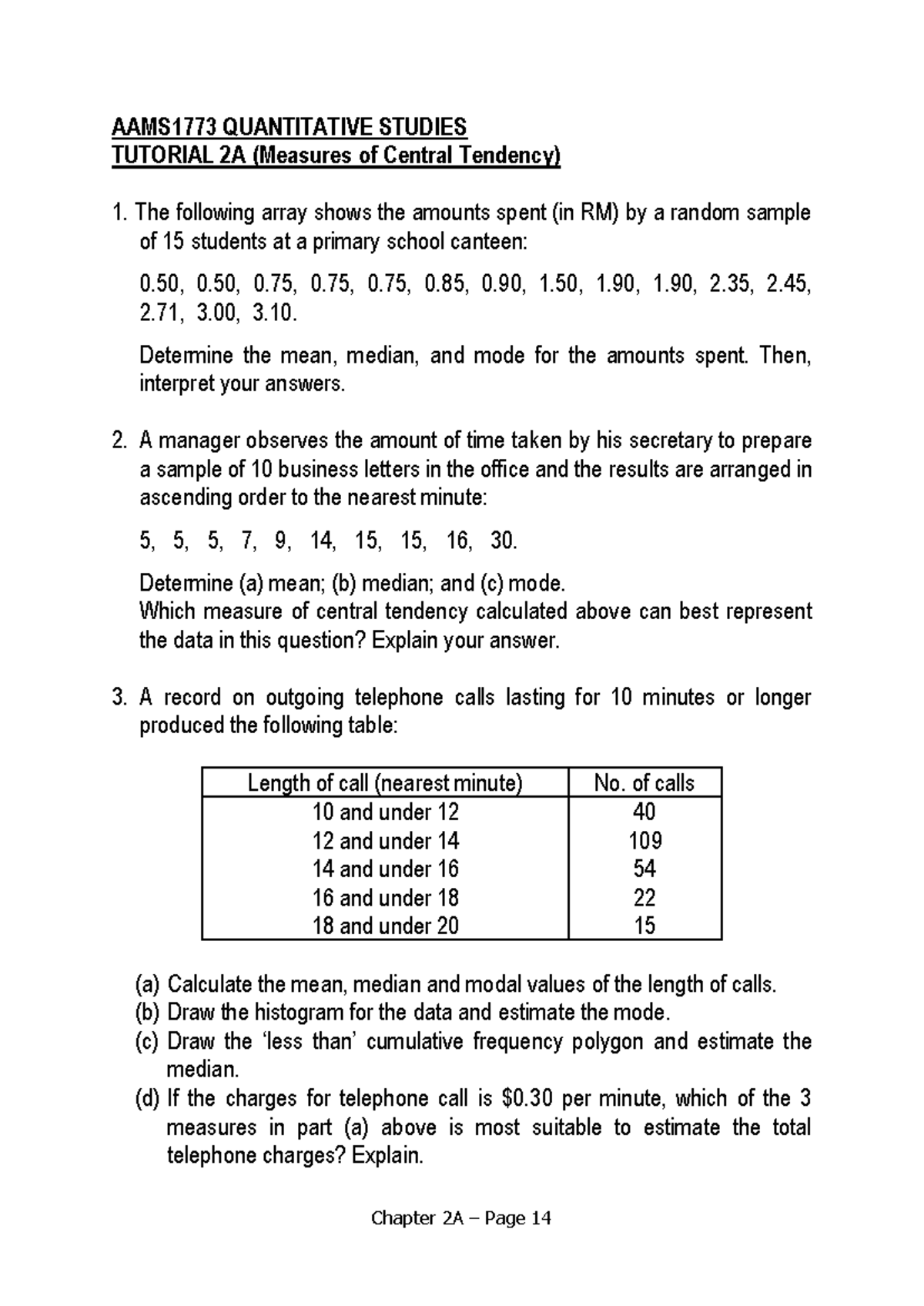 Tutorial 2A - Chapter 2A – Page 14 AAMS17 73 QUANTITATIVE STUDIES ...