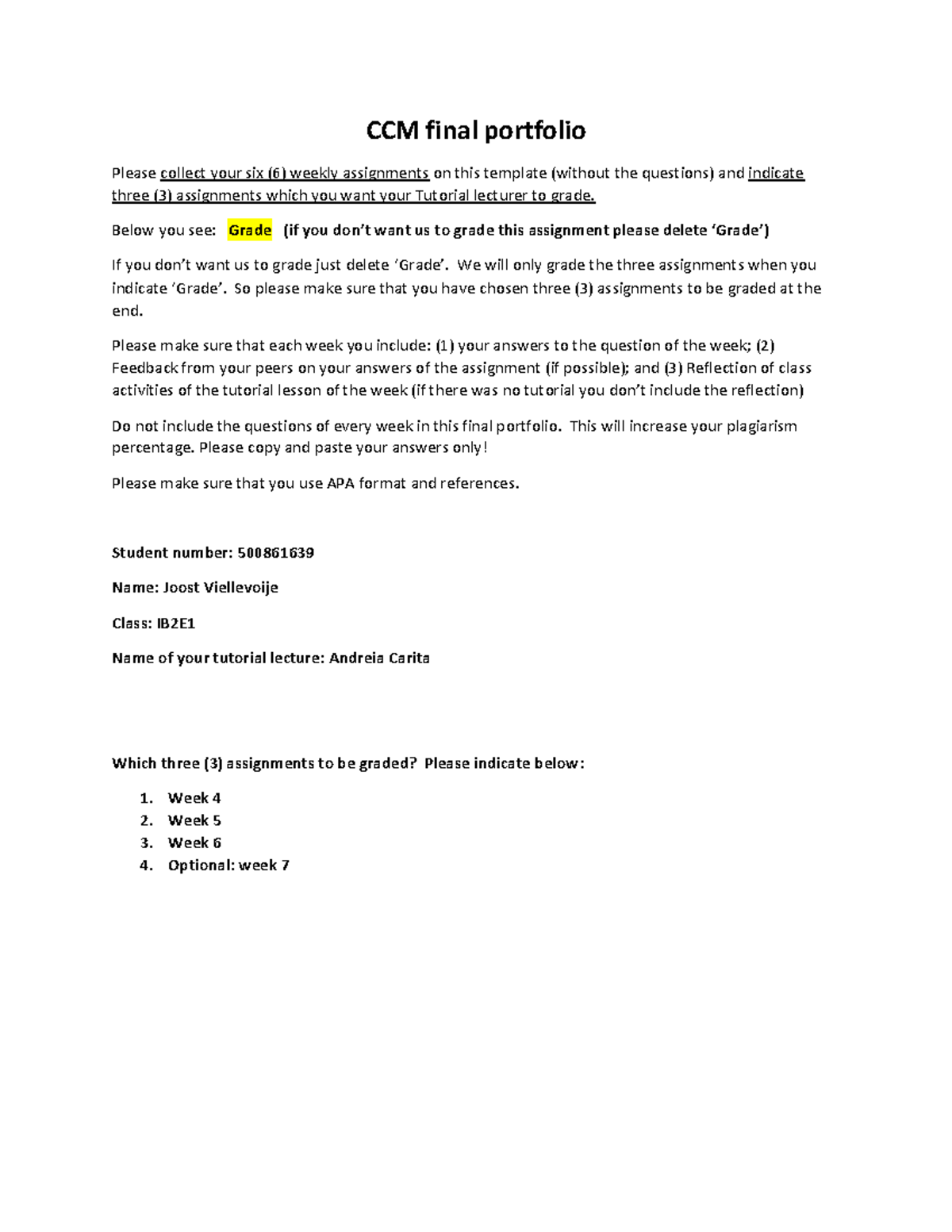 Portfolio CCM Year 2 - CCM final portfolio Please collect your six (6 ...