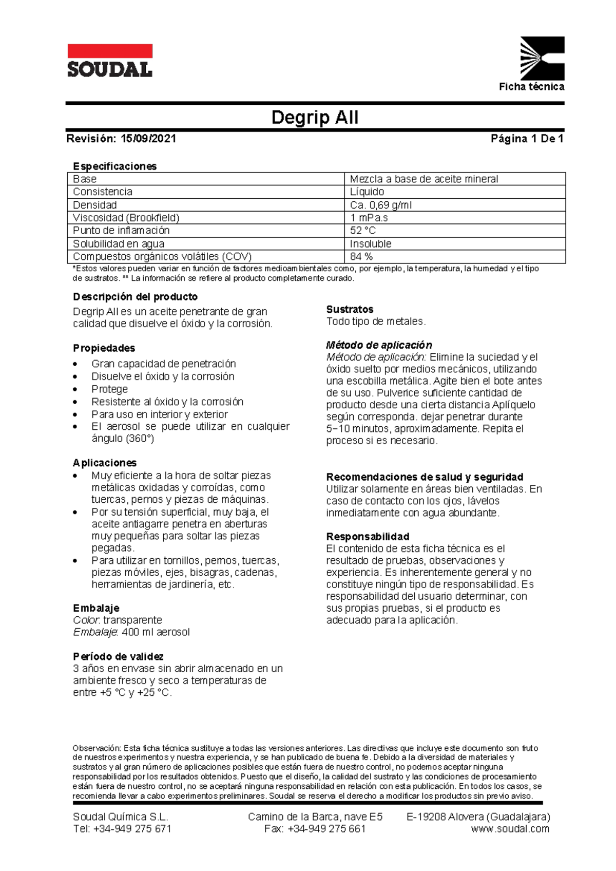 01. Degrip ALL ( Soudal) - Ficha técnica Degrip All Revisión: 15/09 ...