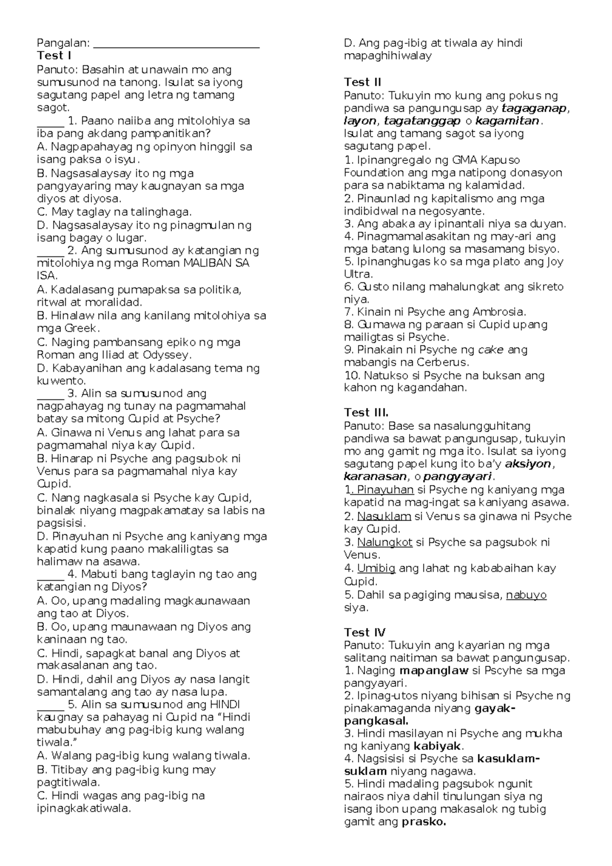 24 Quiz Fil10 w1 - Pangalan: Test I Panuto: Basahin at unawain mo ang ...