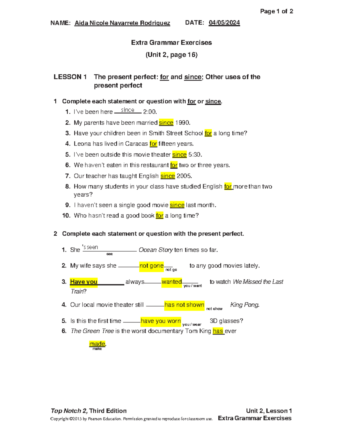 Unit 02 Extra Grammar Exercises 3rd part 1 Aida Navarrete - Page 1 of 2 NAME: Aida Nicole ...