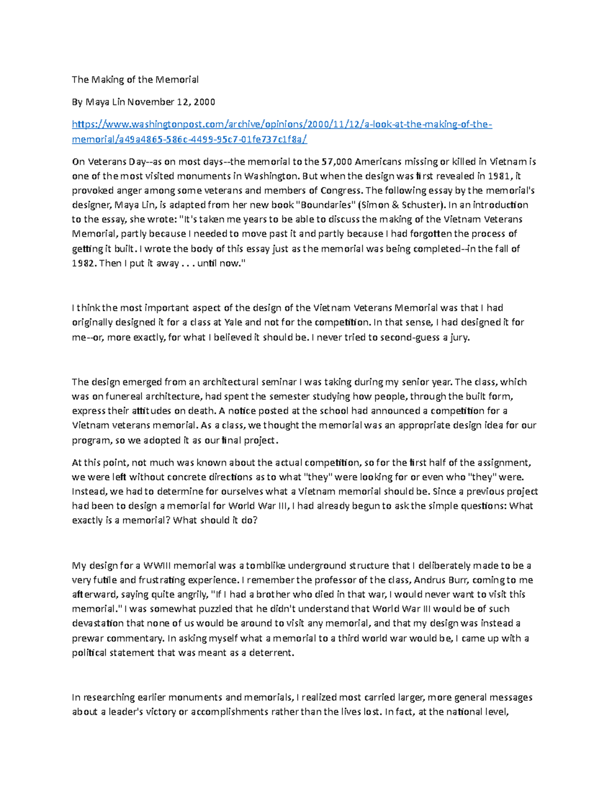 Making the Memorial Maya Lin - The Making of the Memorial By Maya Lin ...