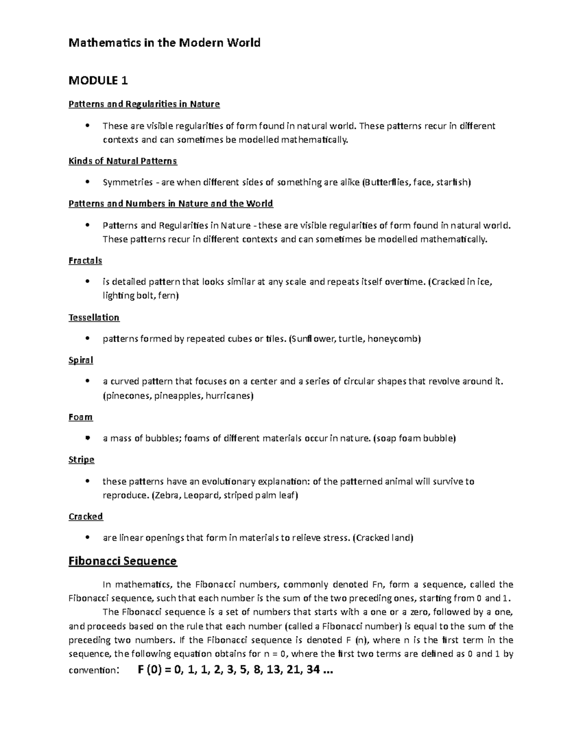 MMW- Module 1 - Mathematics in the Modern World MODULE 1 Patterns and Regularities in Nature ...
