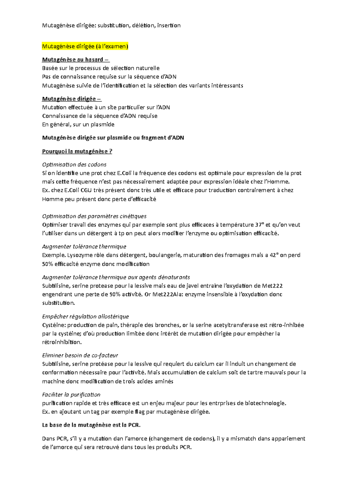 BCM601 2022011 8 Mutagénèse dirigée - Mutagénèse dirigée (à l’examen) Mutagénèse au hasard ...