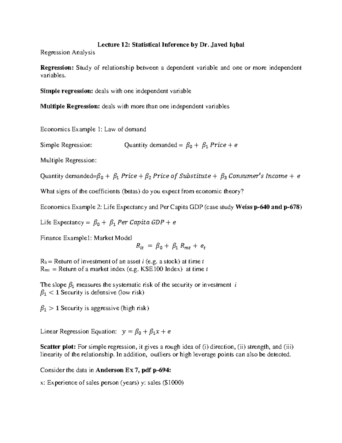 Lecture 12 Regression Lecture 1 2 Statistical Inference By Dr
