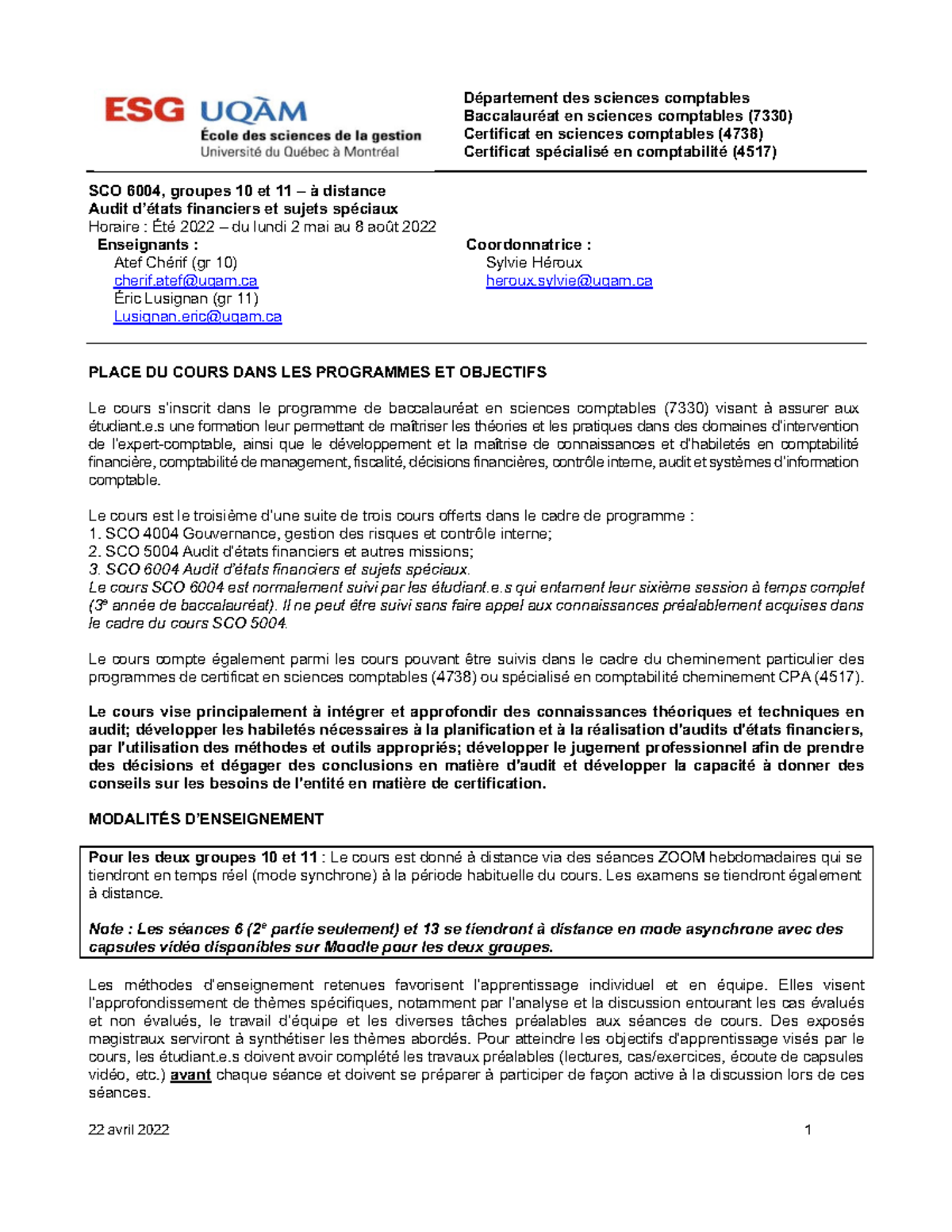 SCO6004 E22 Plan cours gr 10 et 11 à distance 22-4-22 - Département des sciences comptables ...