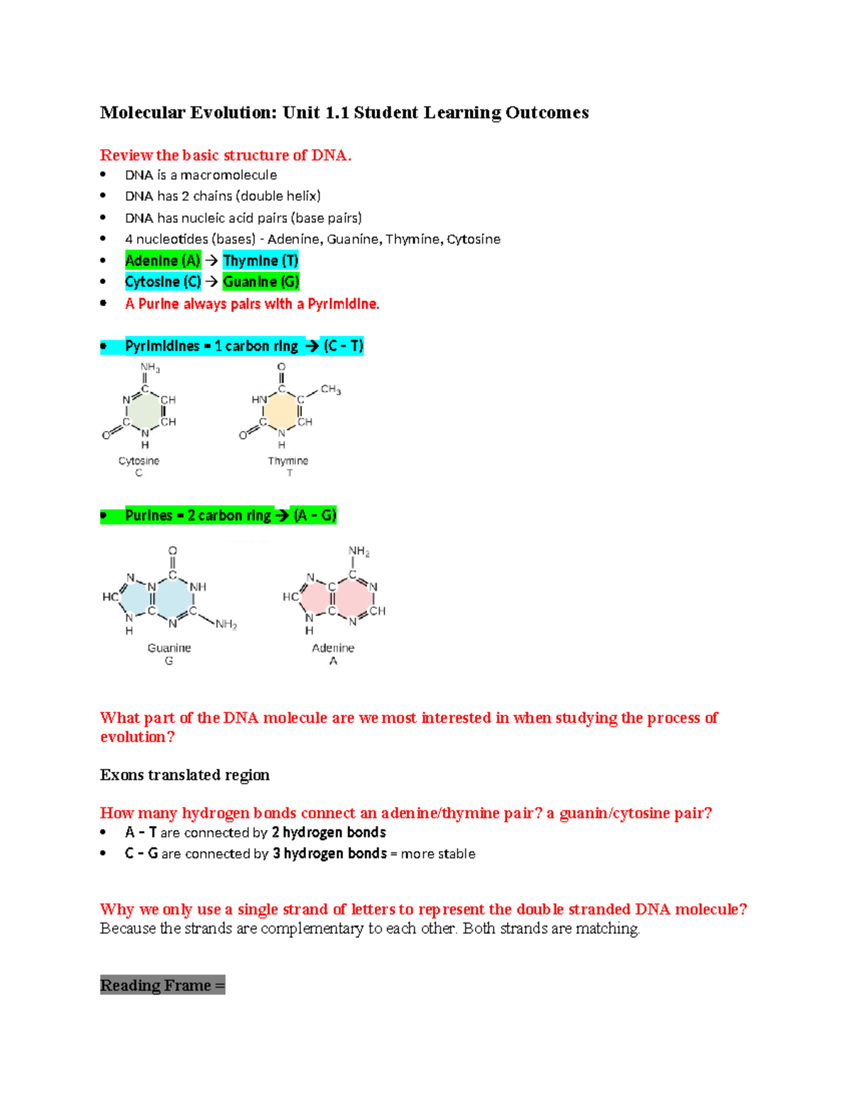 Unit 1.1 SLO - Unit 1.1 SLO - Molecular Evolution: Unit 1 Student Learning Outcomes Review the ...
