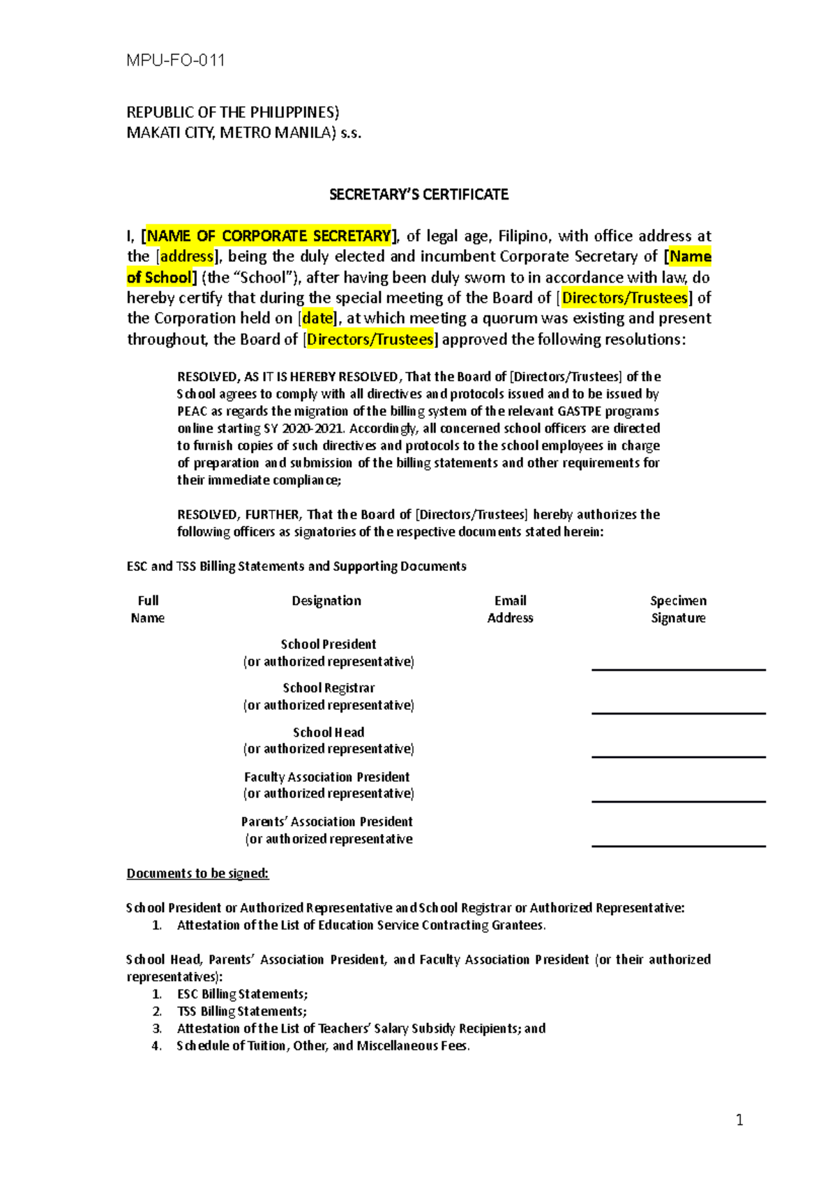 Secretarys Certificate on Assigning Signatories in the ESC and TSS ...