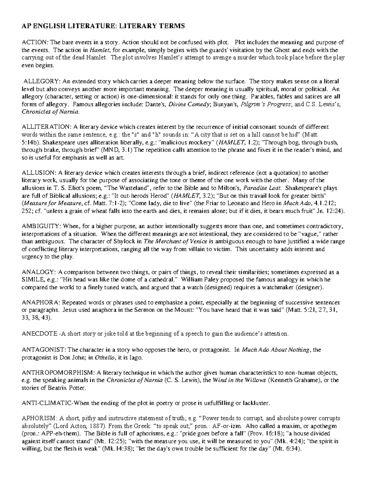 Literary Terms master list - AP ENGLISH LITERATURE: LITERARY TERMS ...