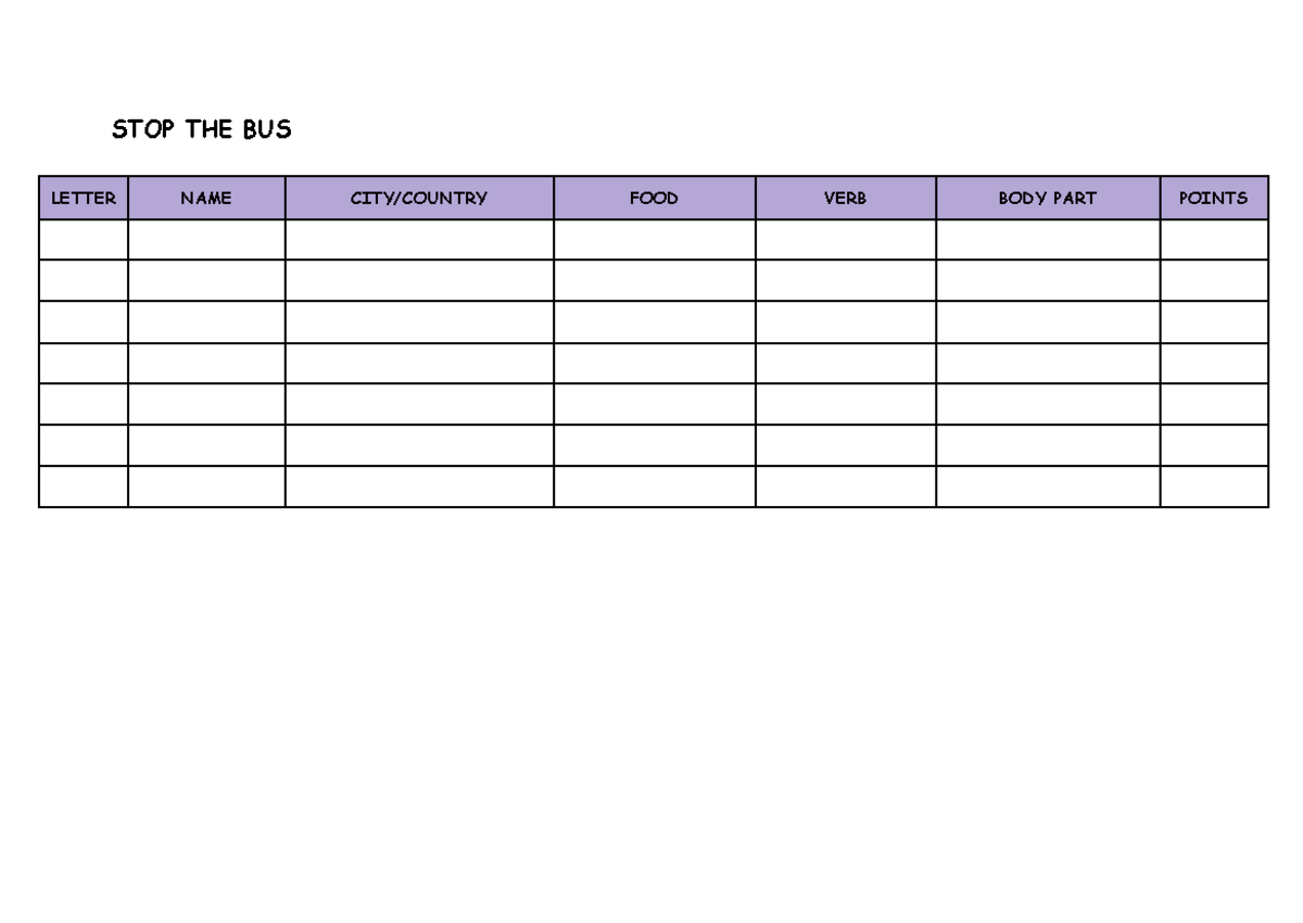 STOP THE BUS - Template STOP THE BUS game - Llengua Anglesa - STOP THE ...