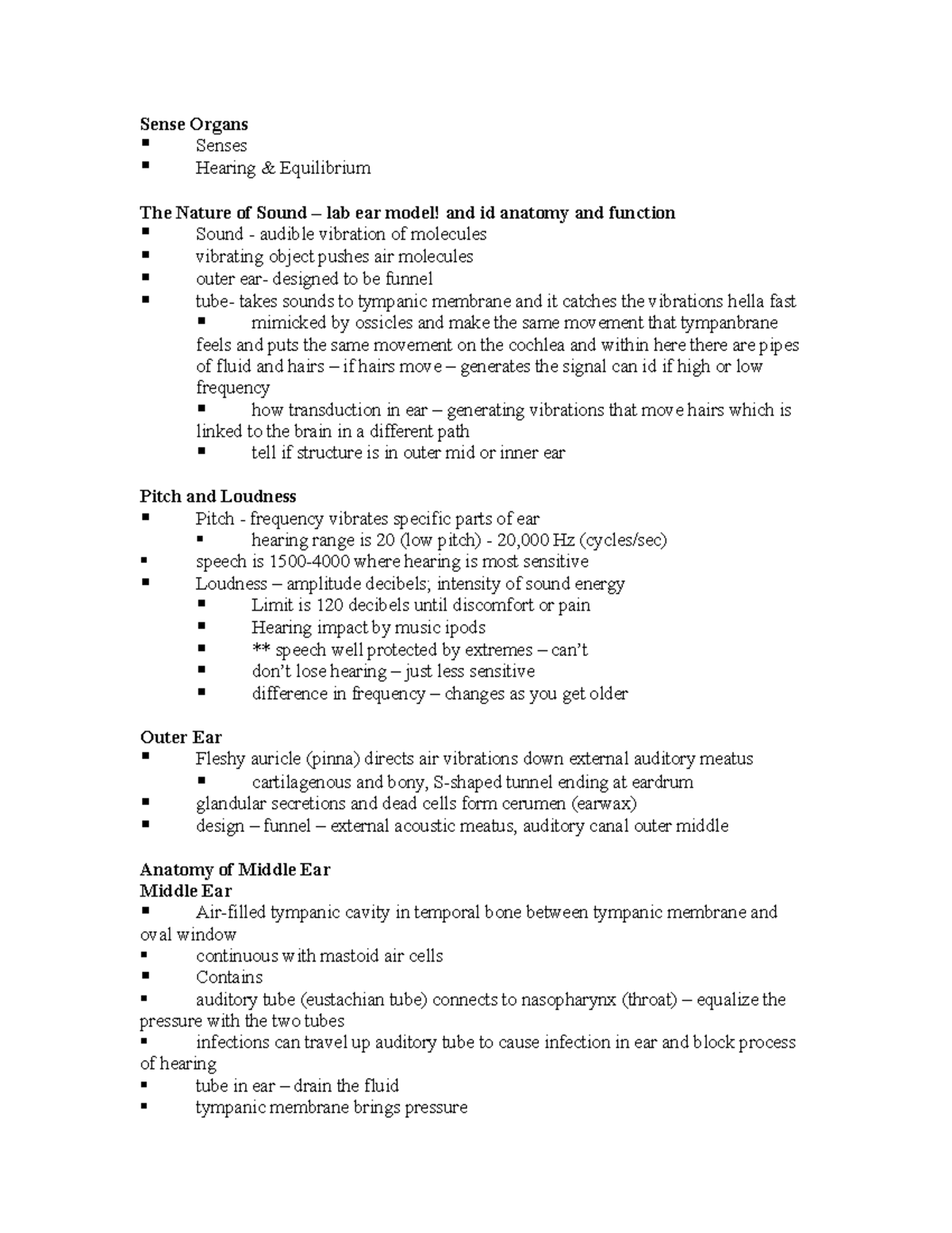 Ap outline 23 - Lecture notes lecture 23 - Sense Organs Senses Hearing ...
