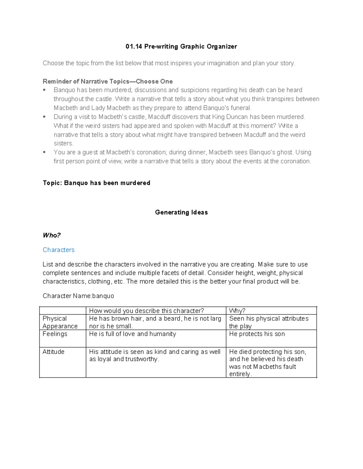 Pre writing graphic organizer - 01 Pre-writing Graphic Organizer Choose ...
