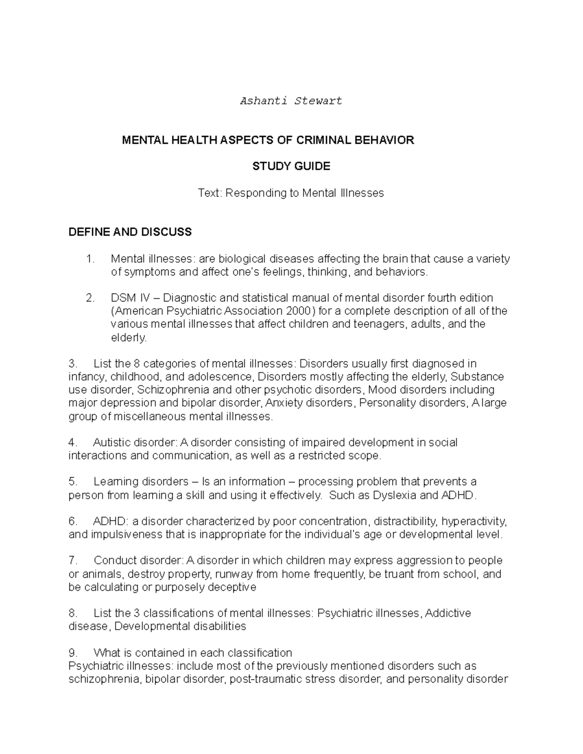 Mental Aspect Study Guide - Ashanti Stewart MENTAL HEALTH ASPECTS OF ...