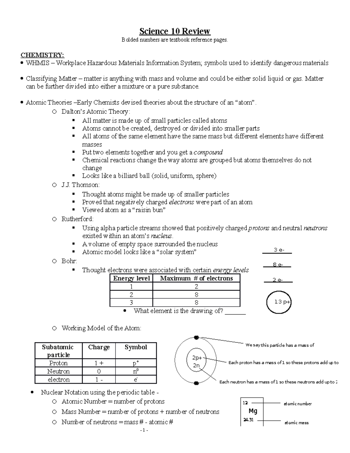 Science 10 Final Review - Science 10 Review Bolded numbers are textbook ...