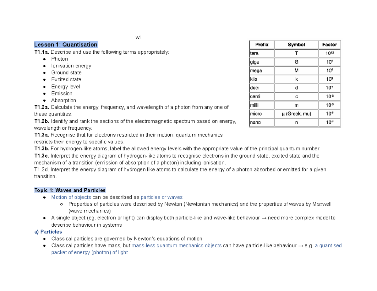 CHEM1011 Threshold Notes - wi Lesson 1: Quantisation T1. Describe and ...