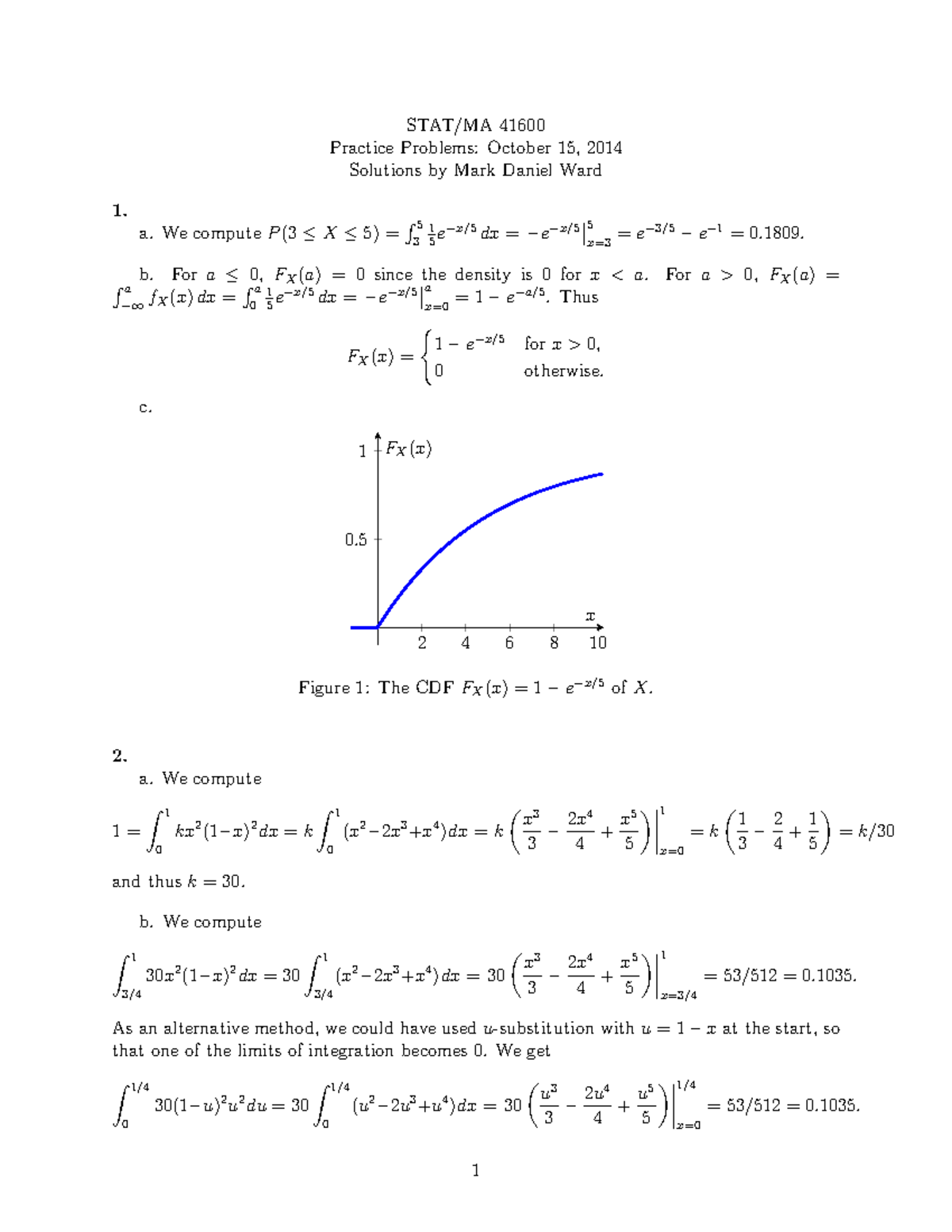 Practice Problems Continuous Random Variables Solutions 41600 Practice Problems October 15 