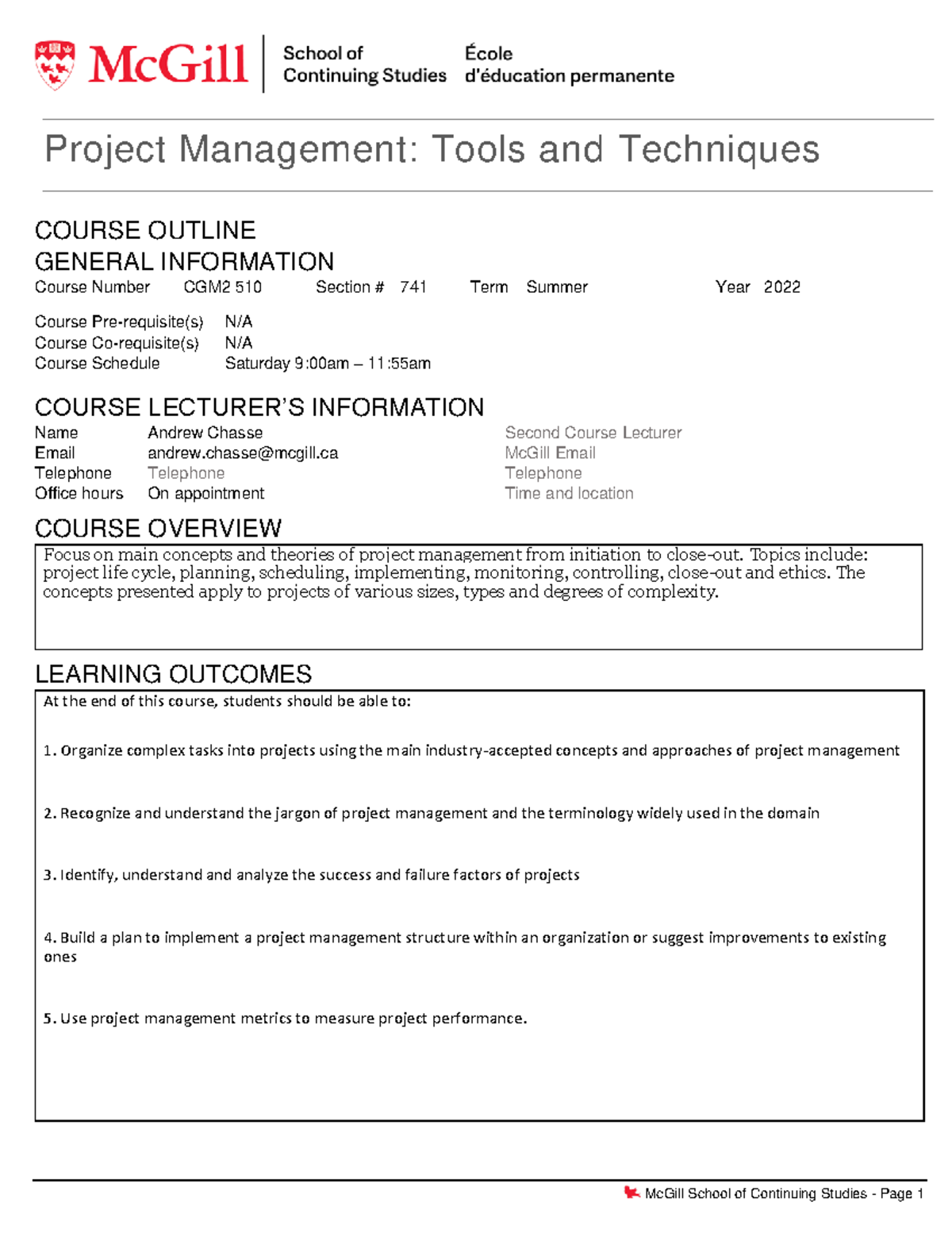 Course Outline Project Management CGM2 510 v2 - COURSE OUTLINE GENERAL ...