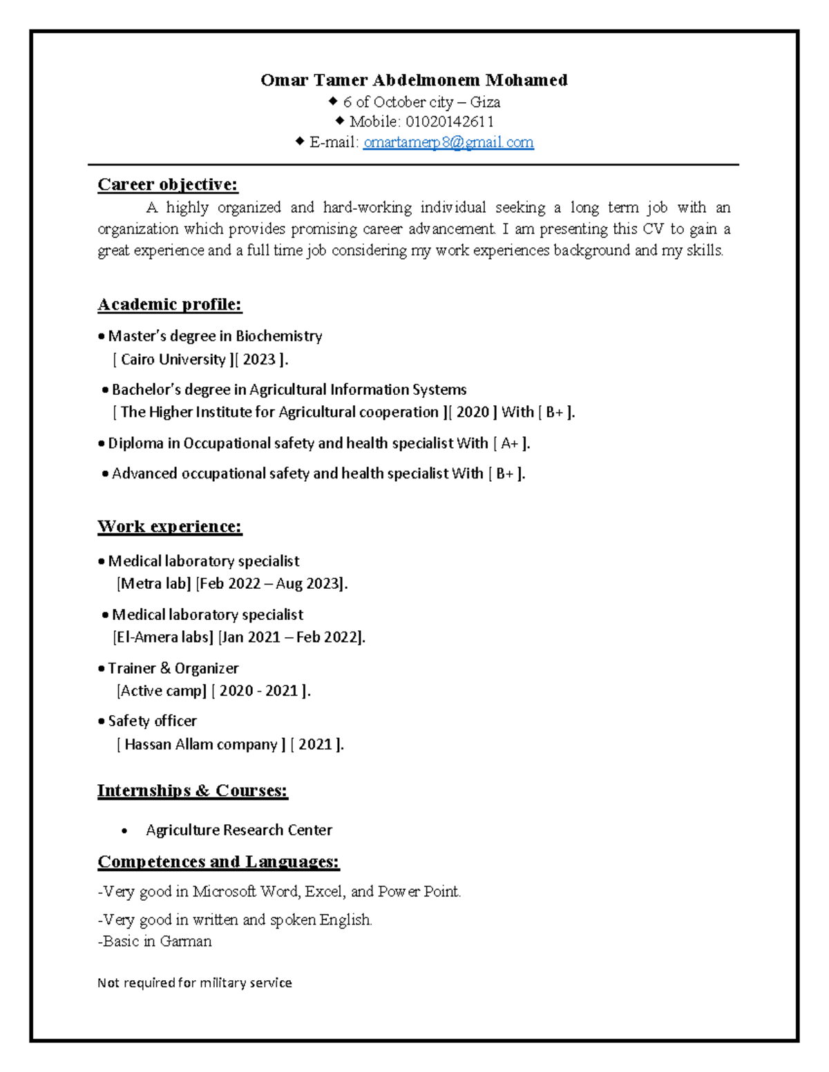 Omar Tamer safety CV - Omar Tamer Abdelmonem Mohamed 6 of October city ...