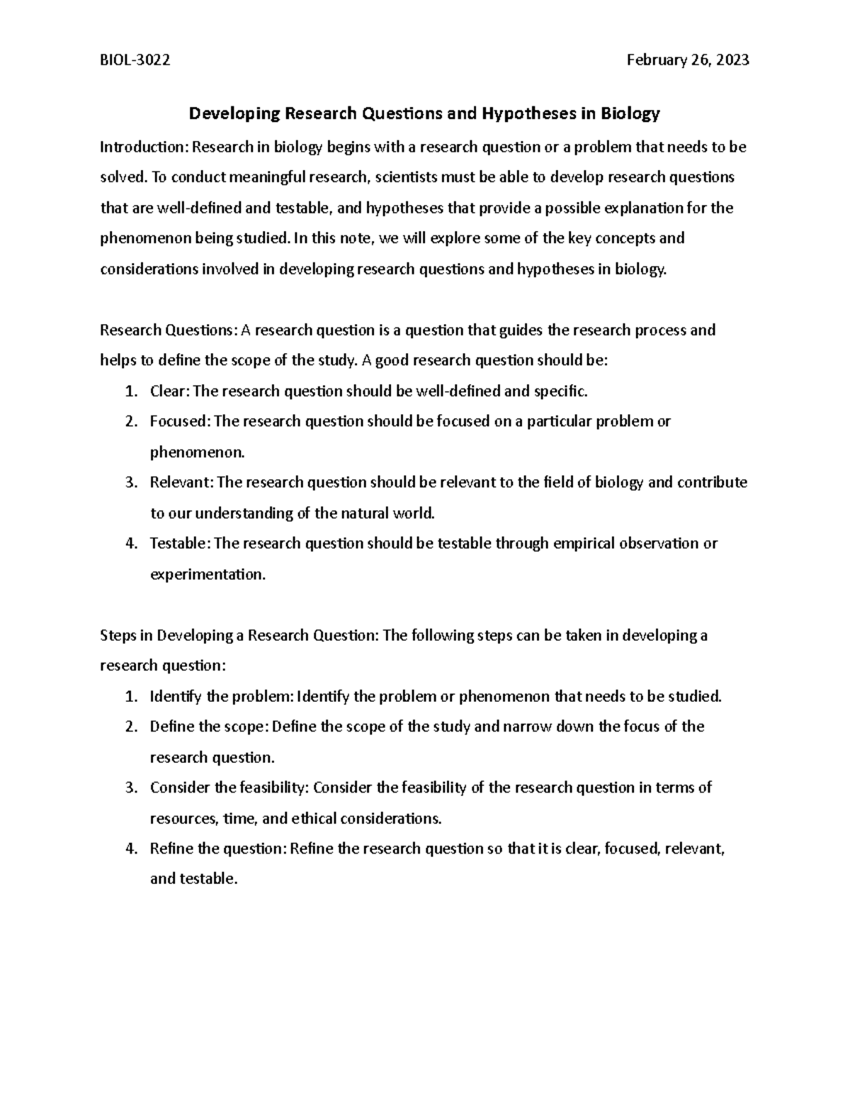 Developing Research Questions and Hypotheses - To conduct meaningful research, scientists must ...