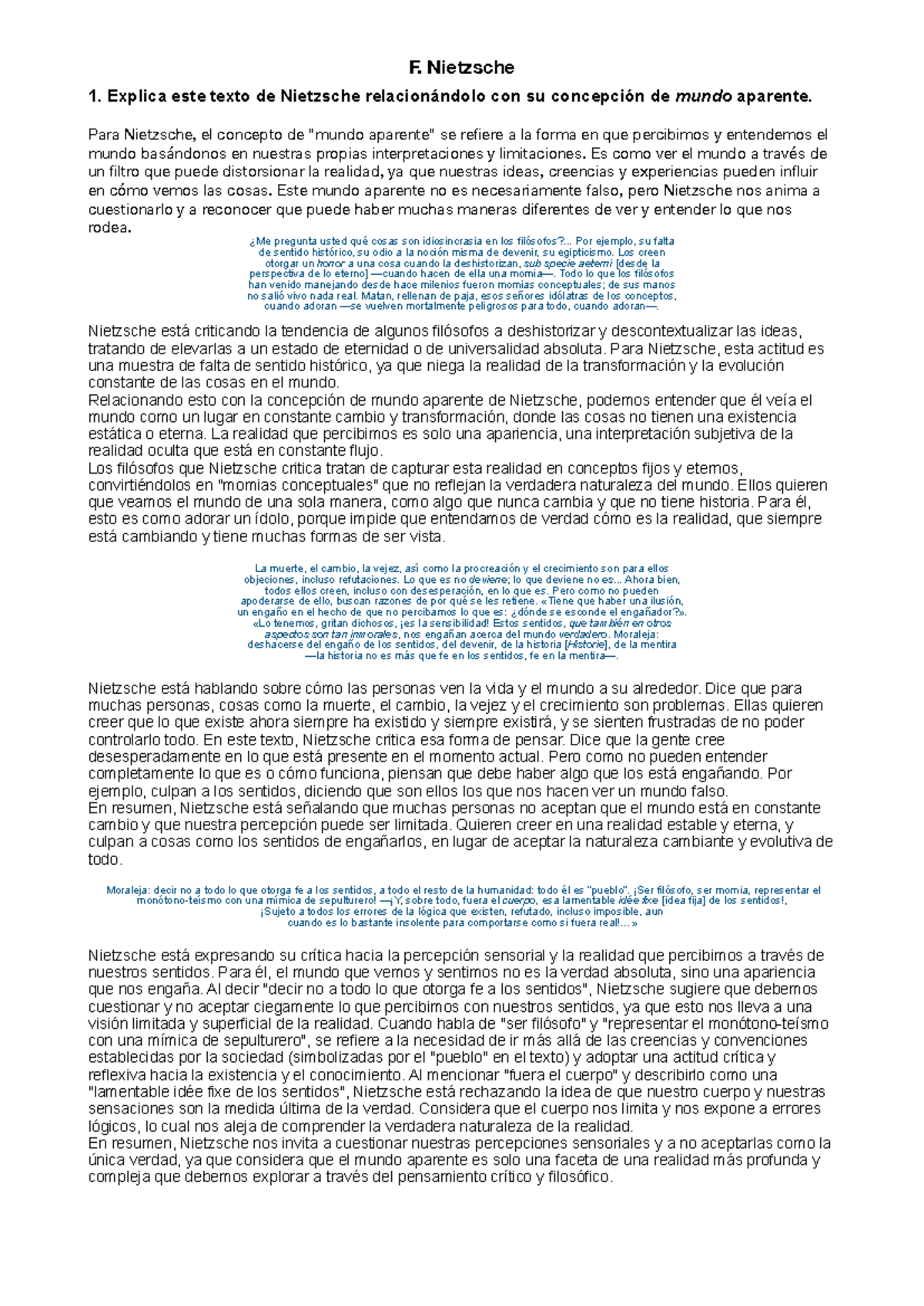 Examen resuelto F. Nietzsche - 1. Explica este texto de Nietzsche ...