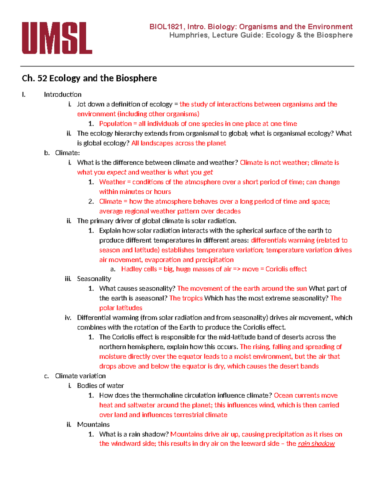 19. Lecture Guide Ch. 44 Ecology - BIOL1821, Intro. Biology: Organisms ...