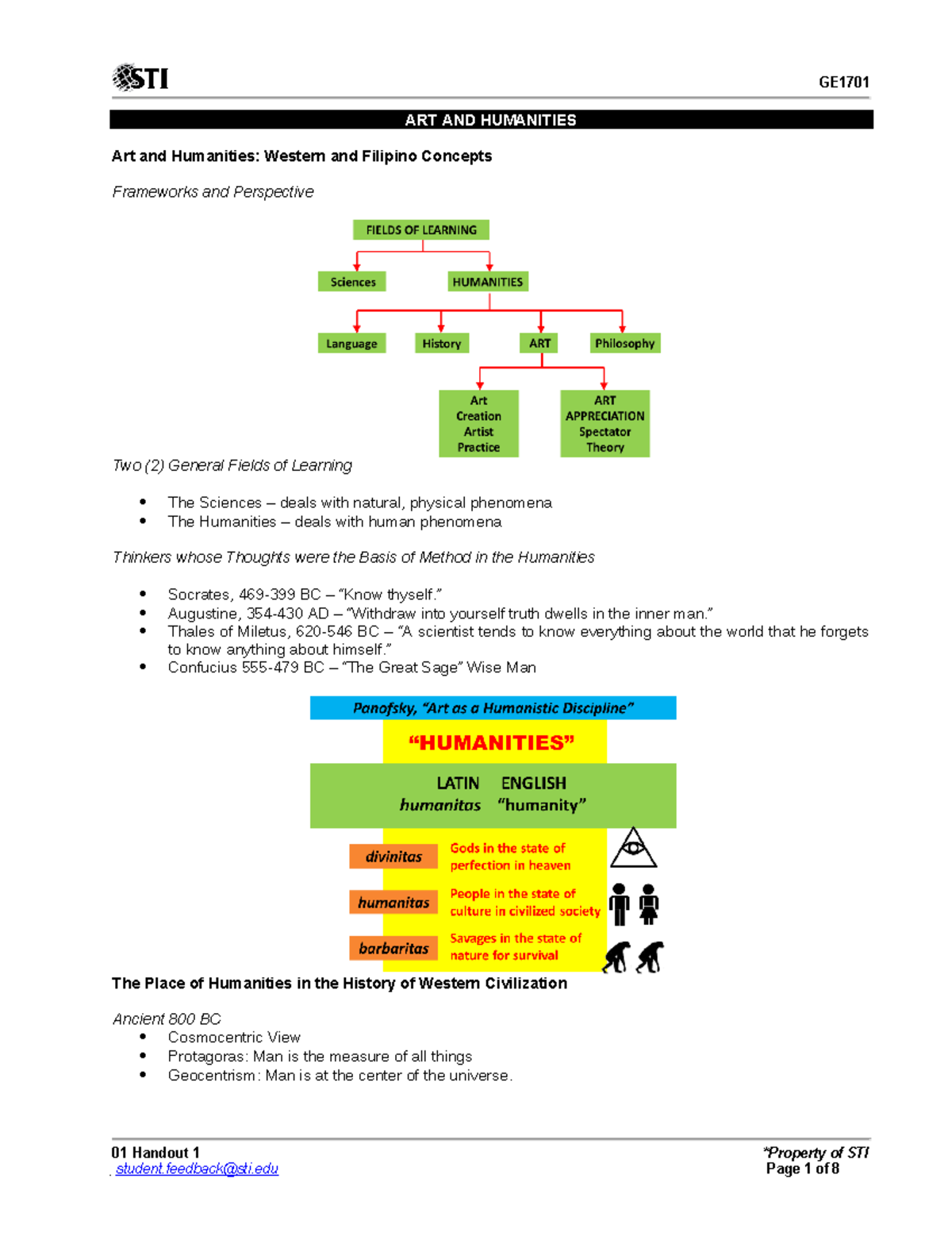 ART AND Humanities SUM - GE 01 Handout 1 student@sti *Property of STI ...