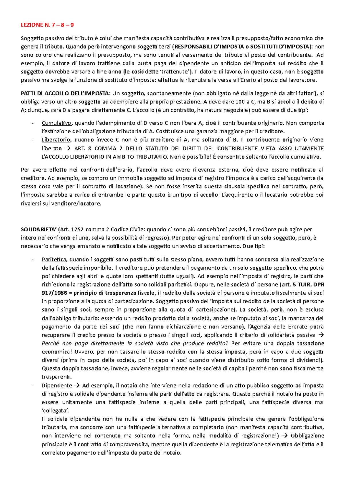 Lezioni di Diritto tributario - prof. Luca Sabbi - LEZIONE N. 7 – 8 – 9 ...